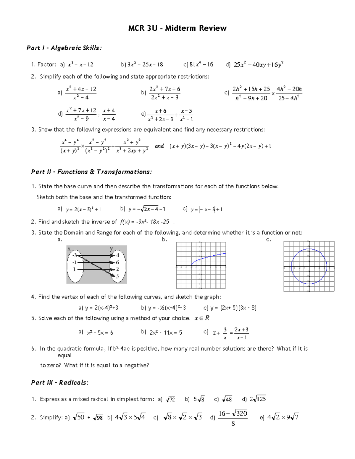 Grade 11 Midterm Review - MCR 3U - Midterm Review Part I – Algebraic ...
