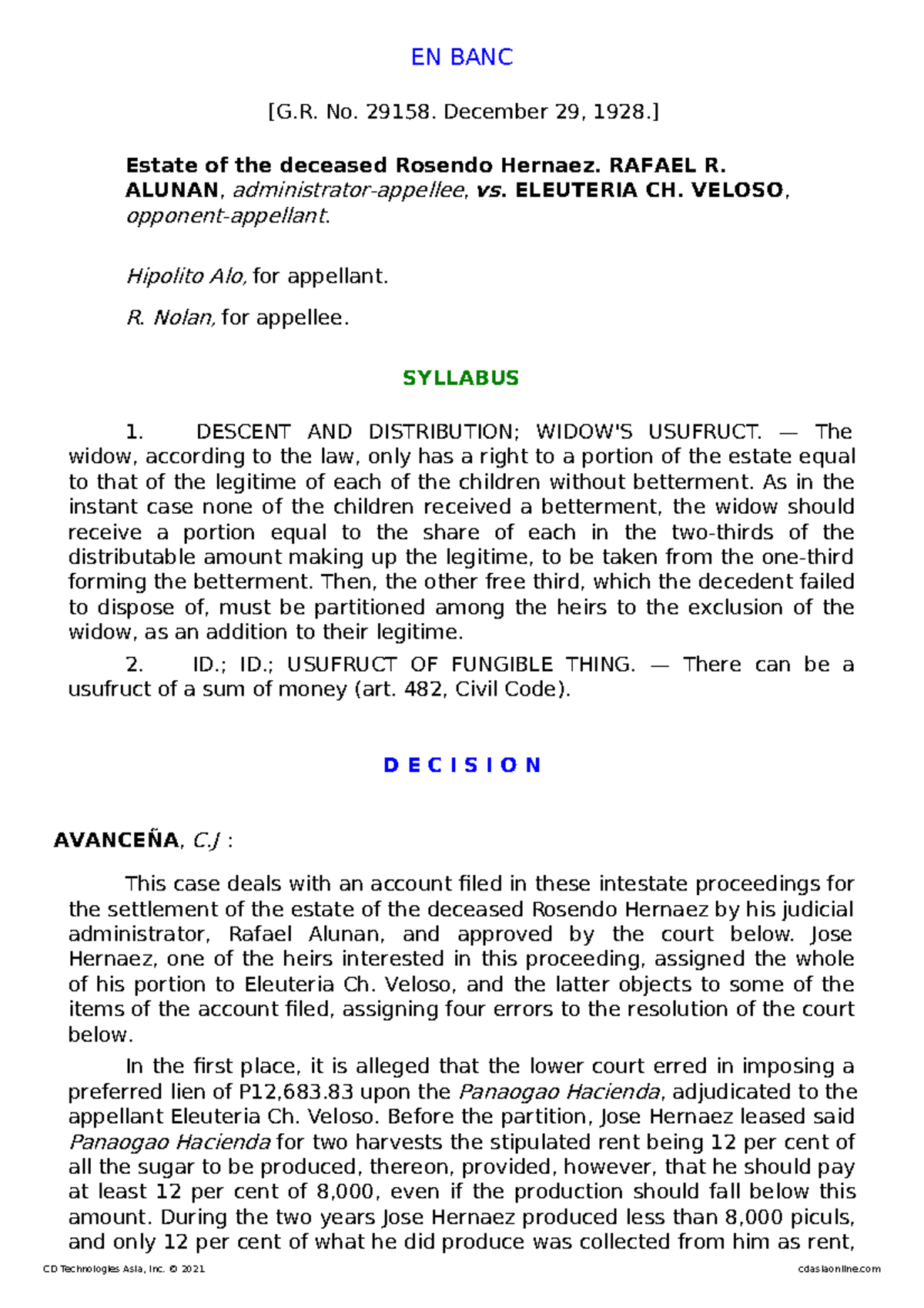 Alunan v. Veloso, 52 Phil 545 - EN BANC [G. No. 29158. December 29 ...