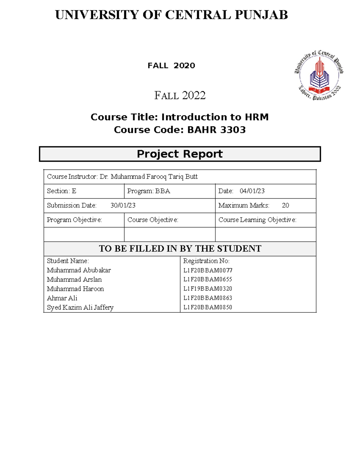 Report - UNIVERSITY OF CENTRAL PUNJAB FALL 2020 FALL 2022 Course Title: Introduction to HRM ...