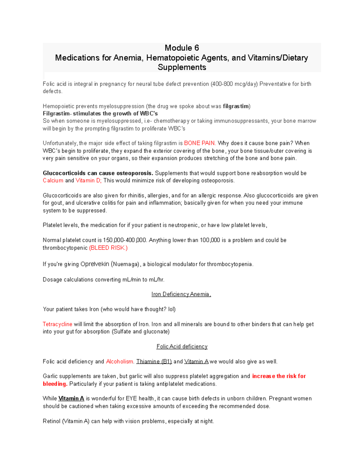 Module 6 - study guide - Module 6 Medications for Anemia, Hematopoietic ...