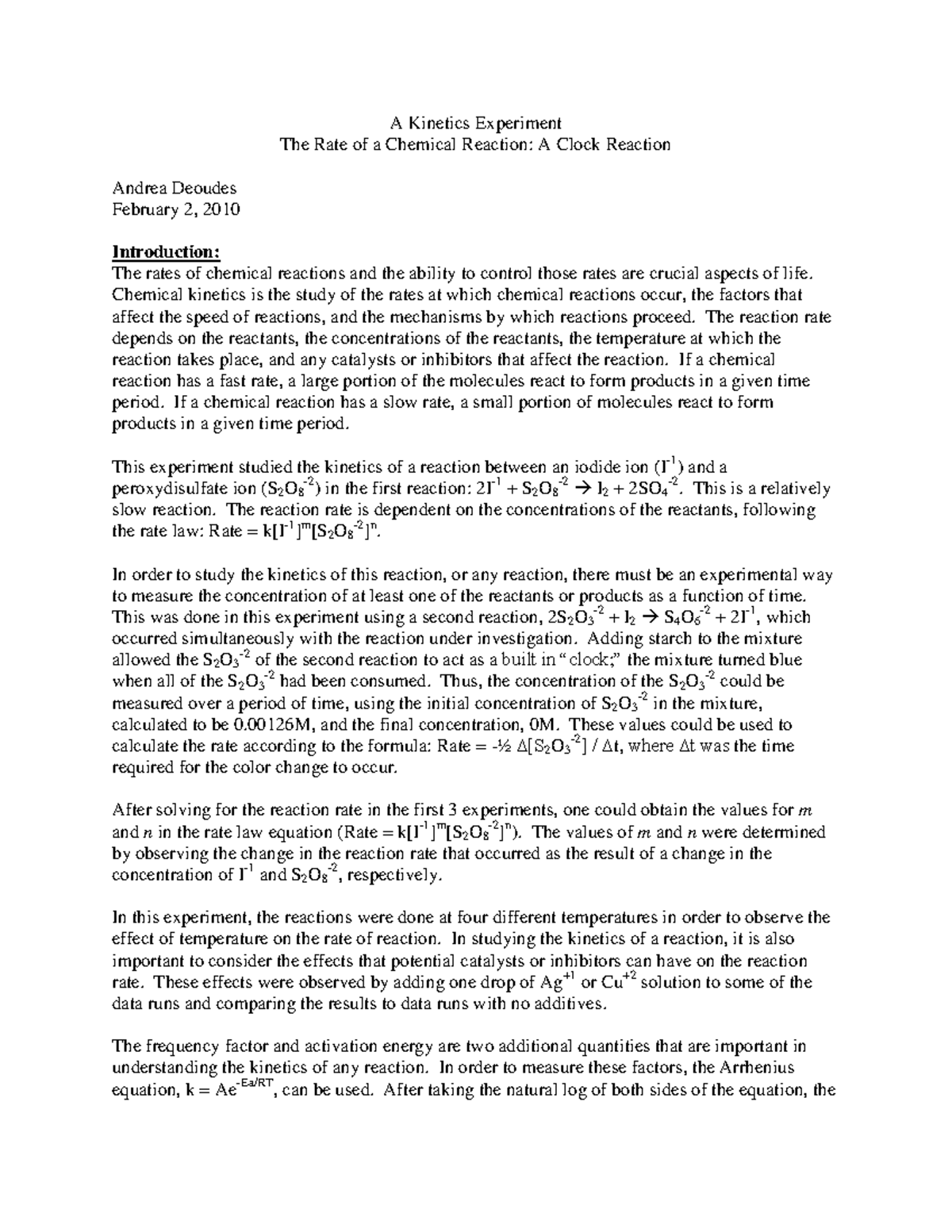 Kinetics lab breakdown - A Kinetics Experiment The Rate of a Chemical ...