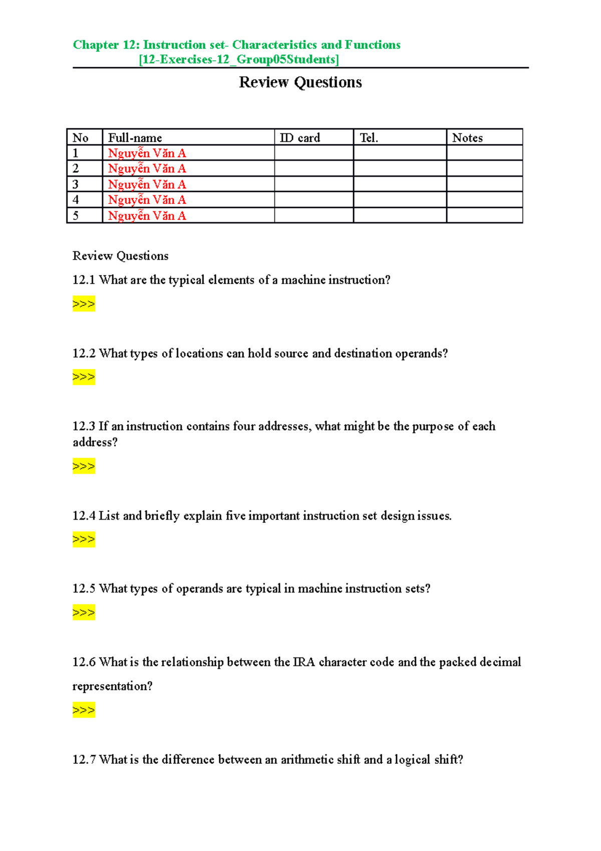Su22 Chapter 12 - Instruction set- Characteristics and Functions - Chapter 12: Instruction set ...