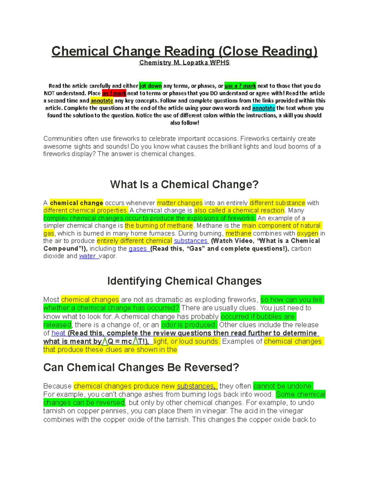 Chemical Change Close Reading-2 - Chemical Change Reading (Close ...