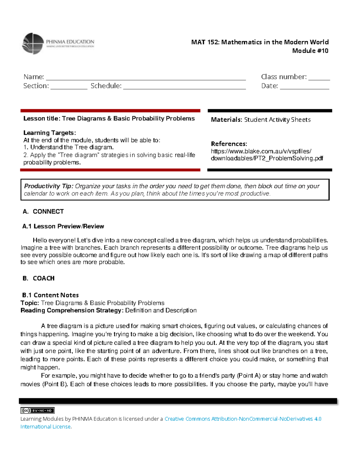 MAT 152 SAS#10 - MAT 152: Mathematics in the Modern World - Tree Diagrams & Basic Probability ...