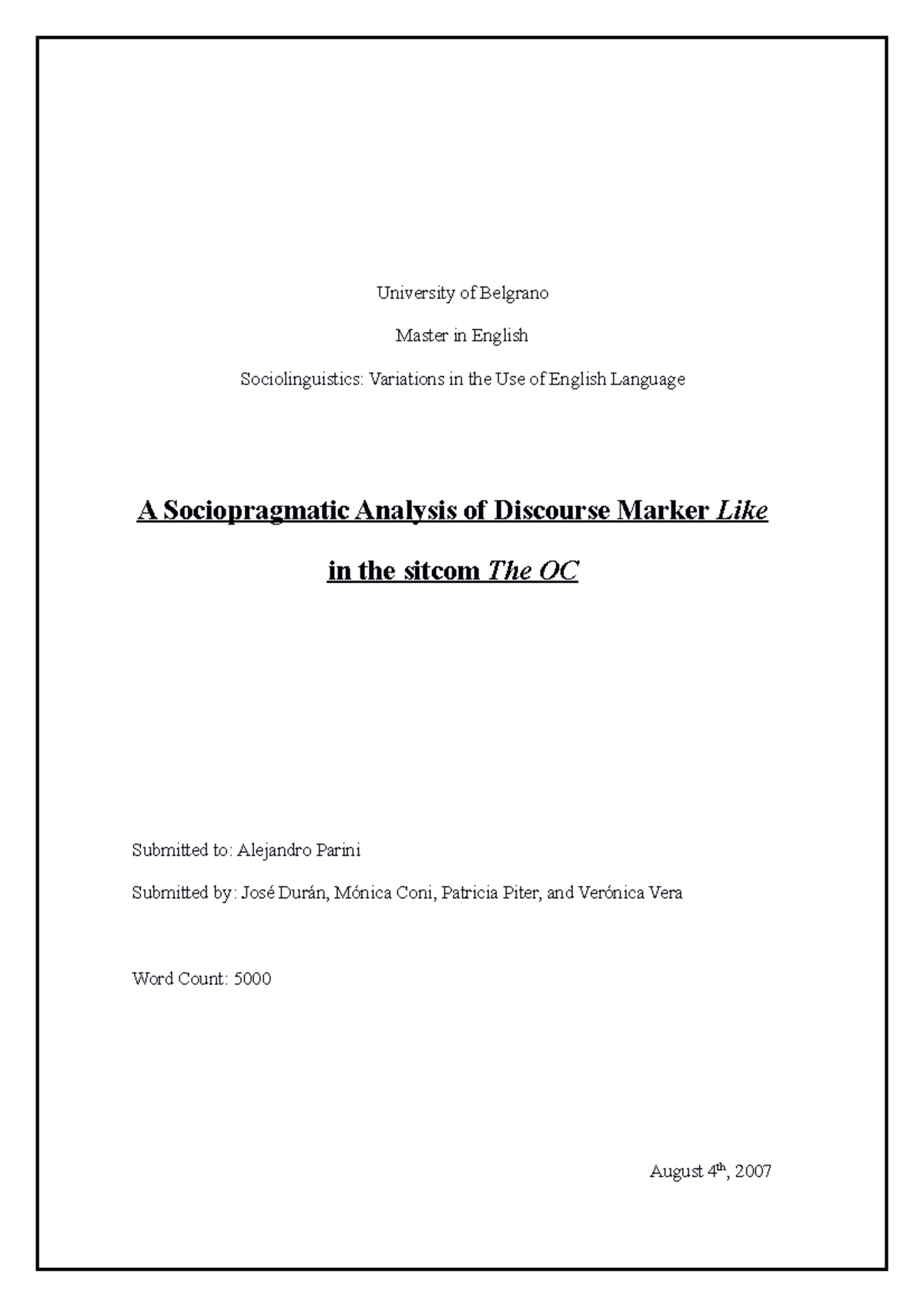 Paper on the discourse particle 'like' - Master in English ...