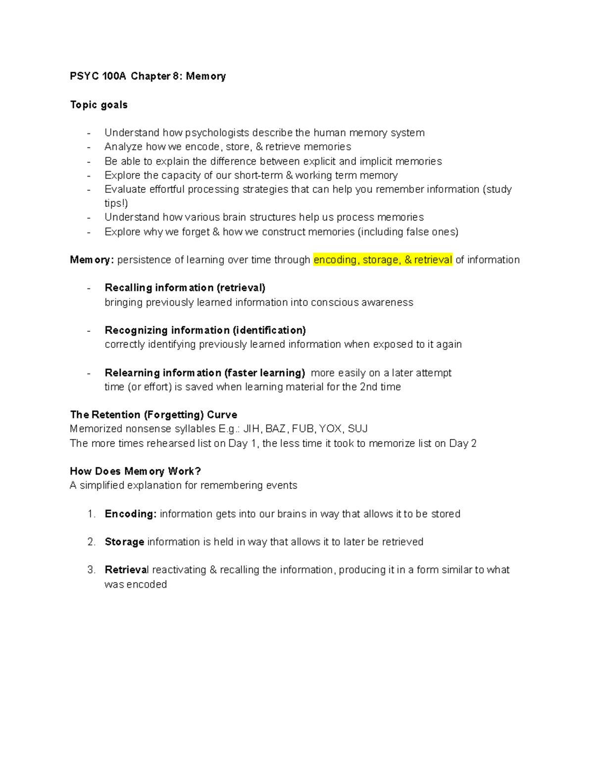 Psyc 100a Chapter 8 Notes From Lecture Lecture Slides And