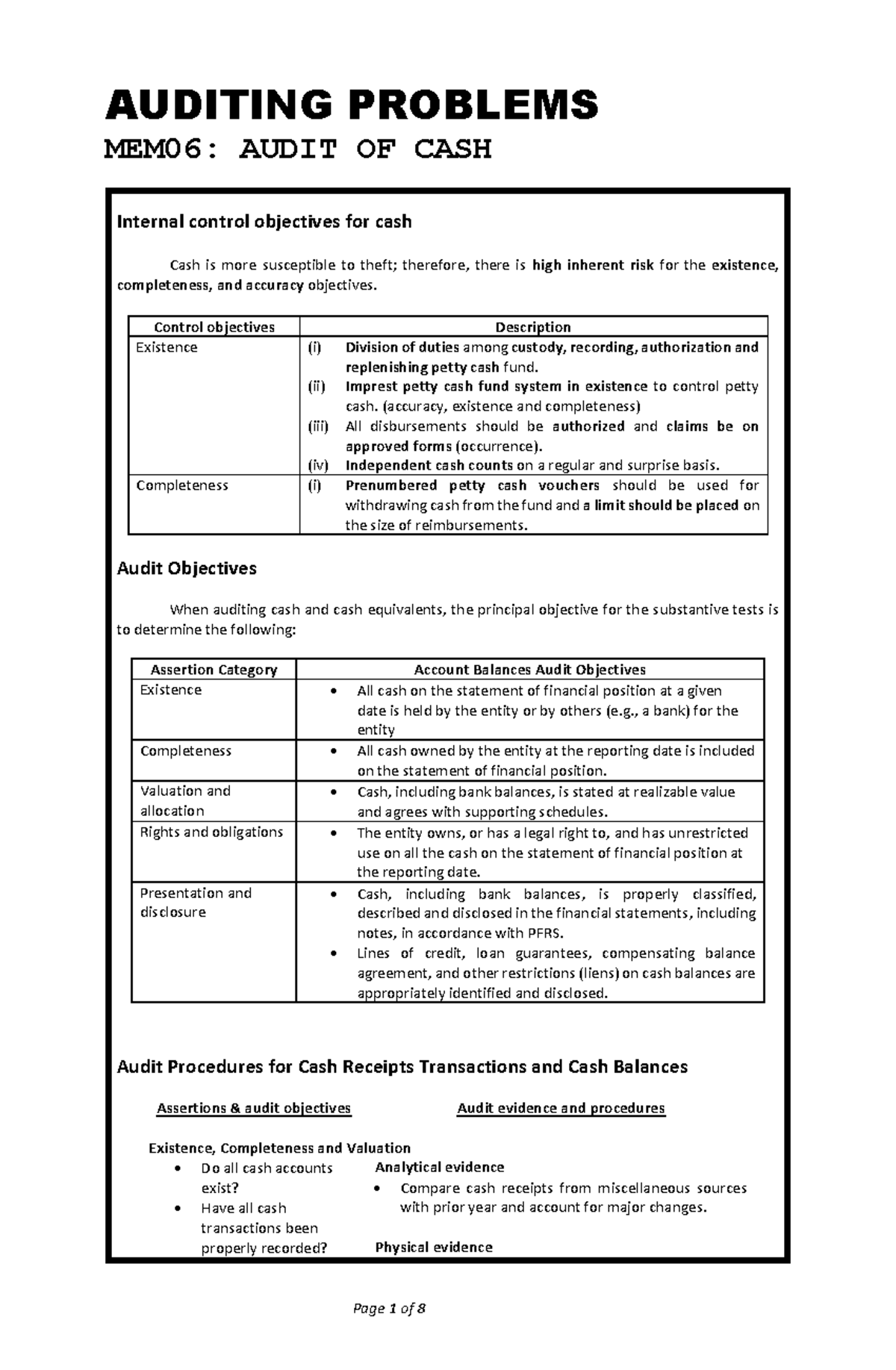 Auditing Problems - CASH - AUDITING PROBLEMS MEM06: AUDIT OF CASH ...