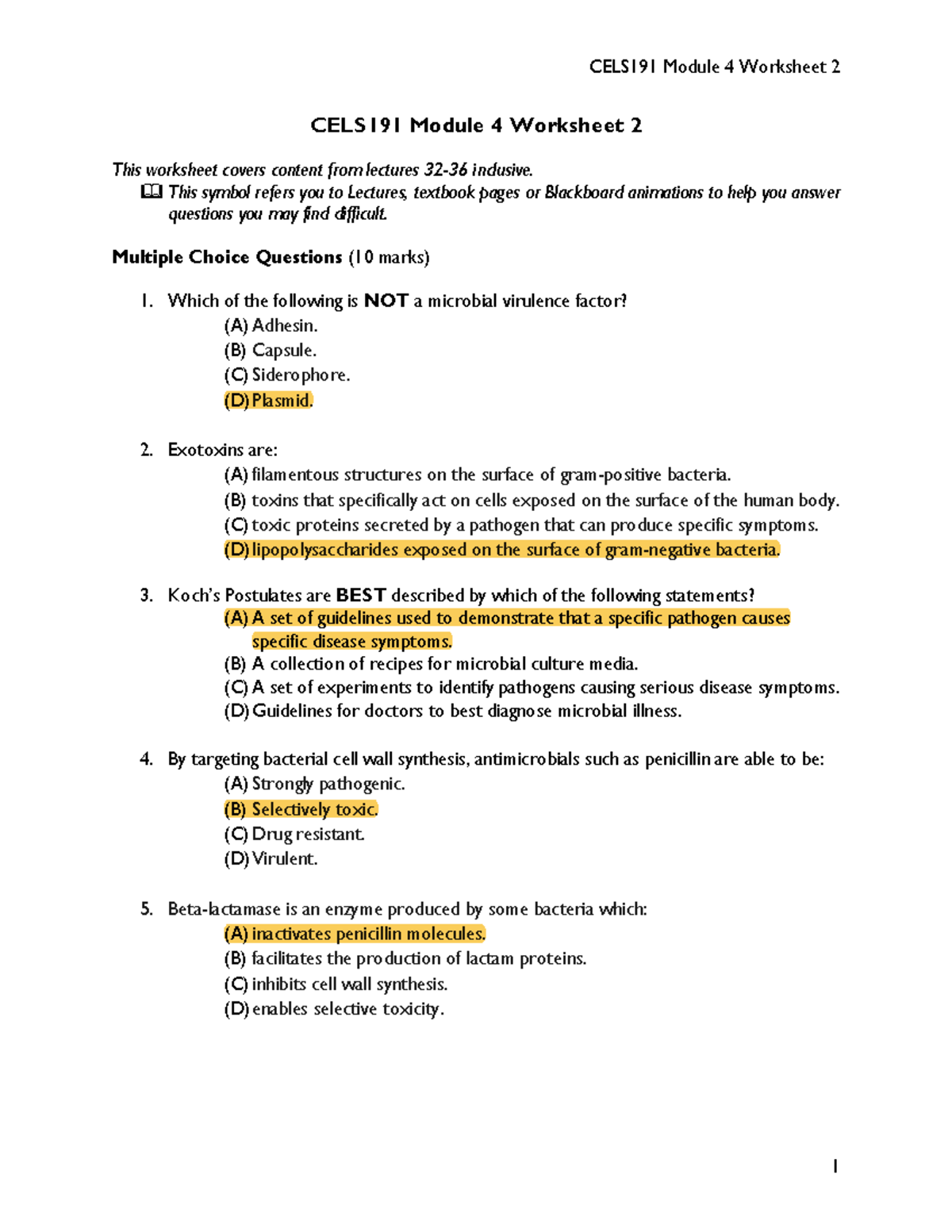 Module 4 worksheet 2 - CELS191 Module 4 Worksheet 2 This worksheet covers content from lectures ...