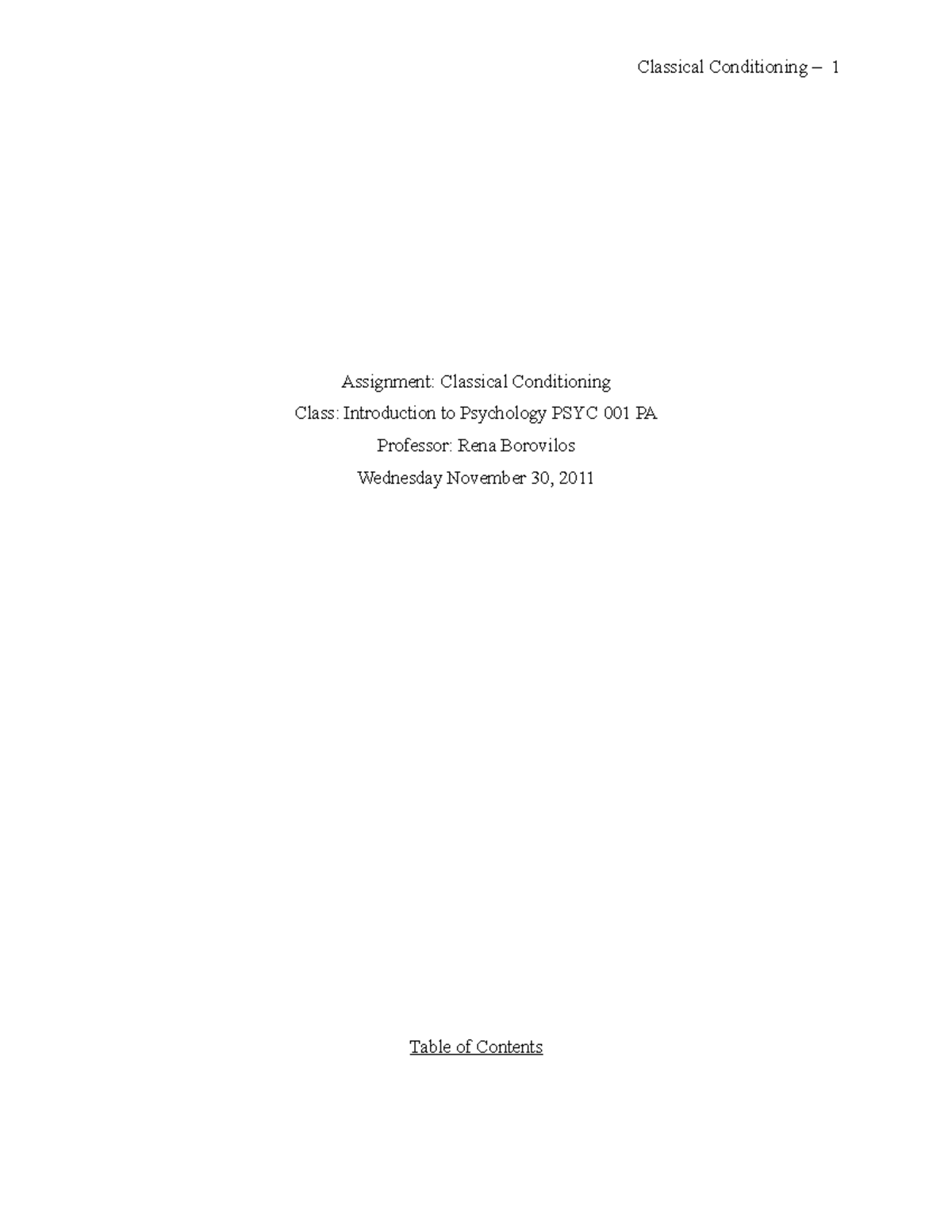 Classical Conditioning Essay - Assignment: Classical Conditioning Class: Introduction to ...