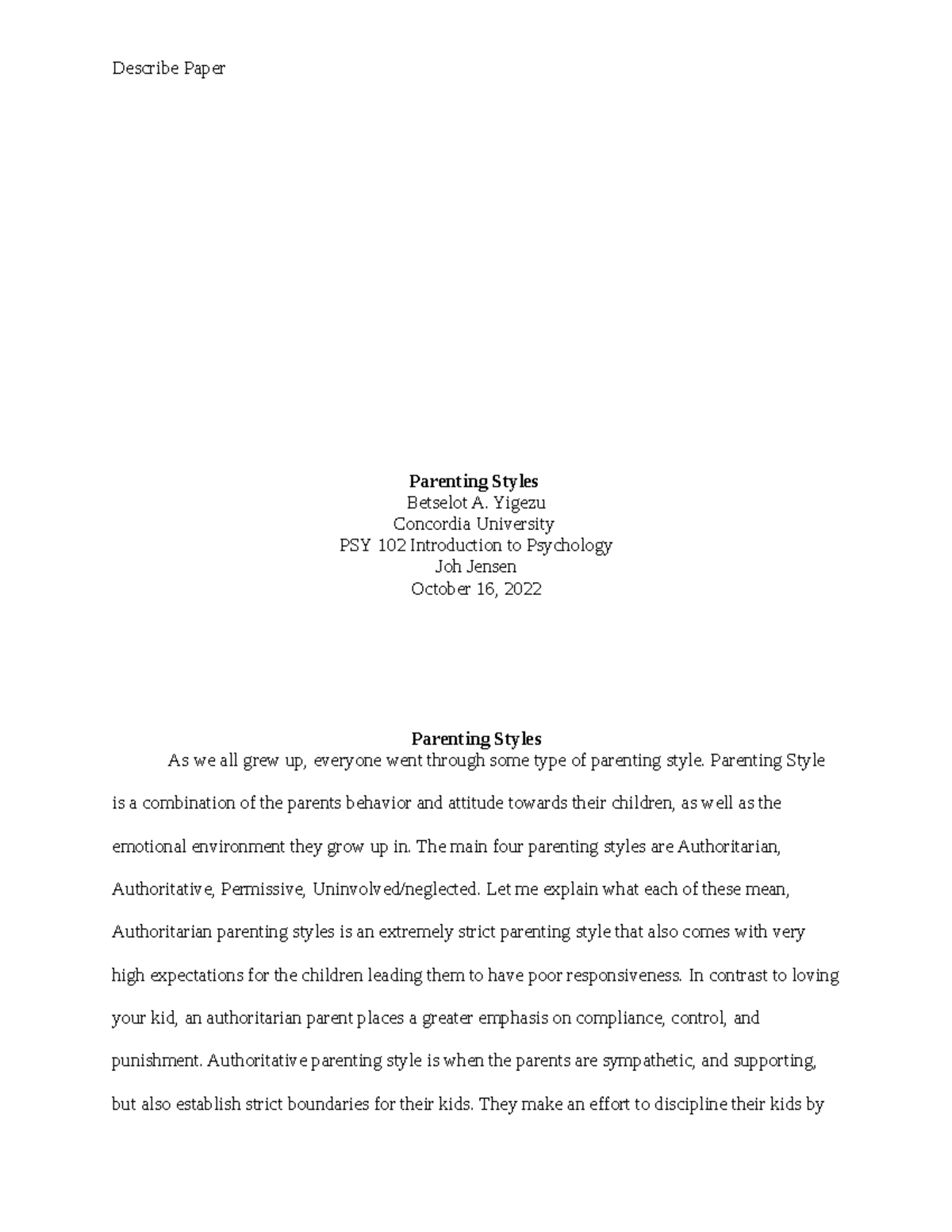 Describe Paper - In class assignment leading to discussion - Parenting ...