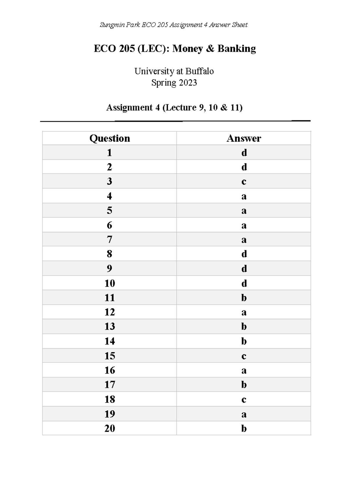 Assignement 4 Answer Sheet - ECO 205 - Sungmin Park ECO 205 Assignment 4 Answer Sheet ECO 205 ...