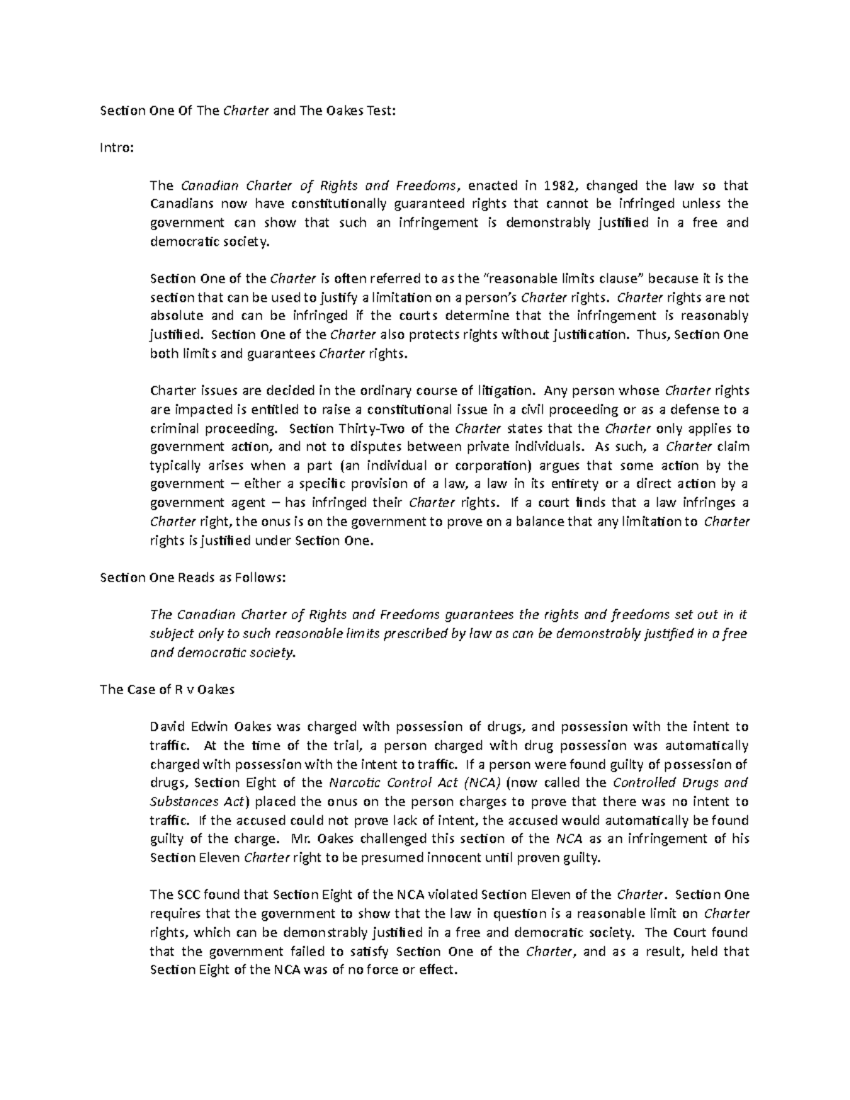 Oakes Test - Section One Of The Charter and The Oakes Test: Intro: The ...