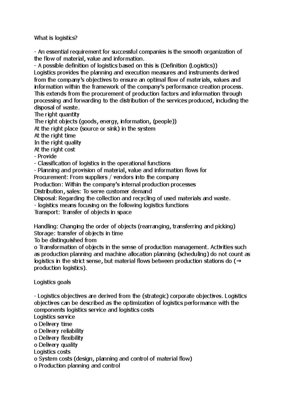 What is logistics - STUDY NOTES FOR EXAMS - What is logistics? An ...