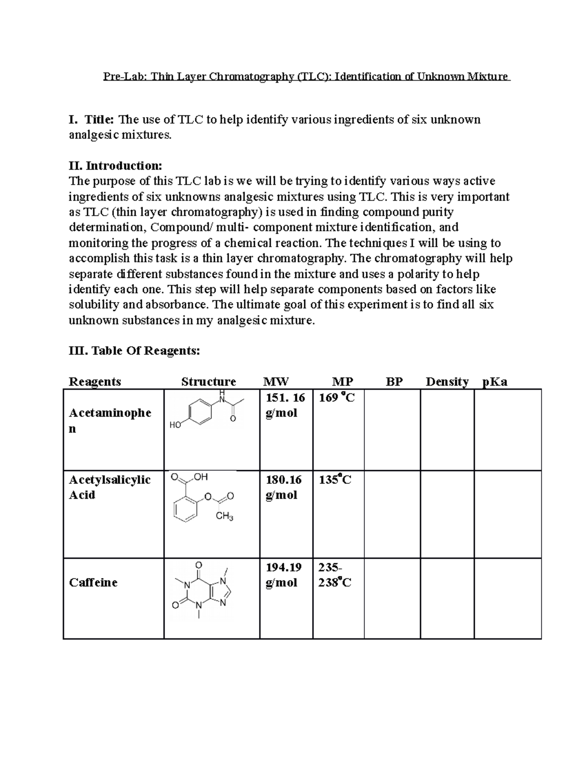 Pre-Lab- Thin Layer Chromatography (TLC) - Title: The use of TLC to ...