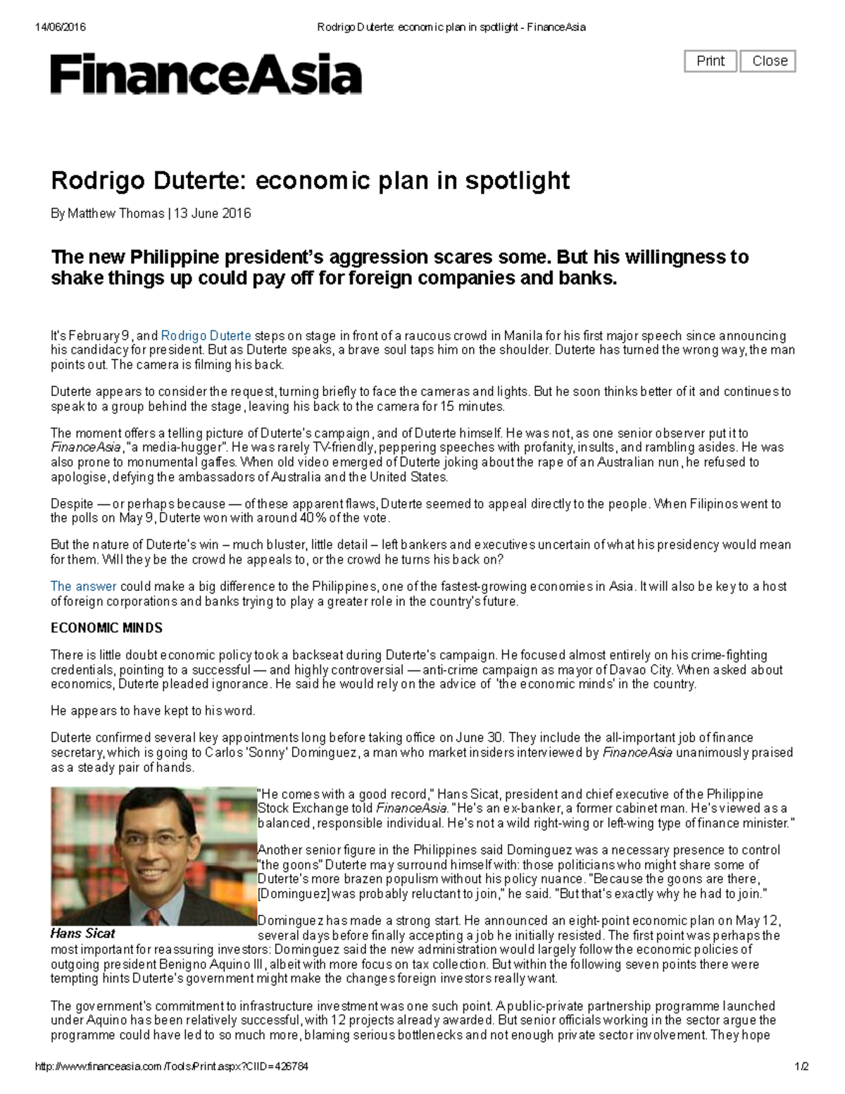 Finance Asia - Rodrigo Duterte economic plan in spotlight - June 2016 ...