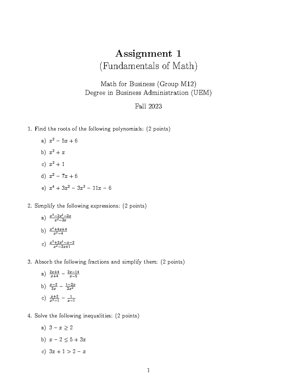 Assignment 1 fundamentals of math - Assignment 1 (Fundamentals of Math) Math for Business (Group ...