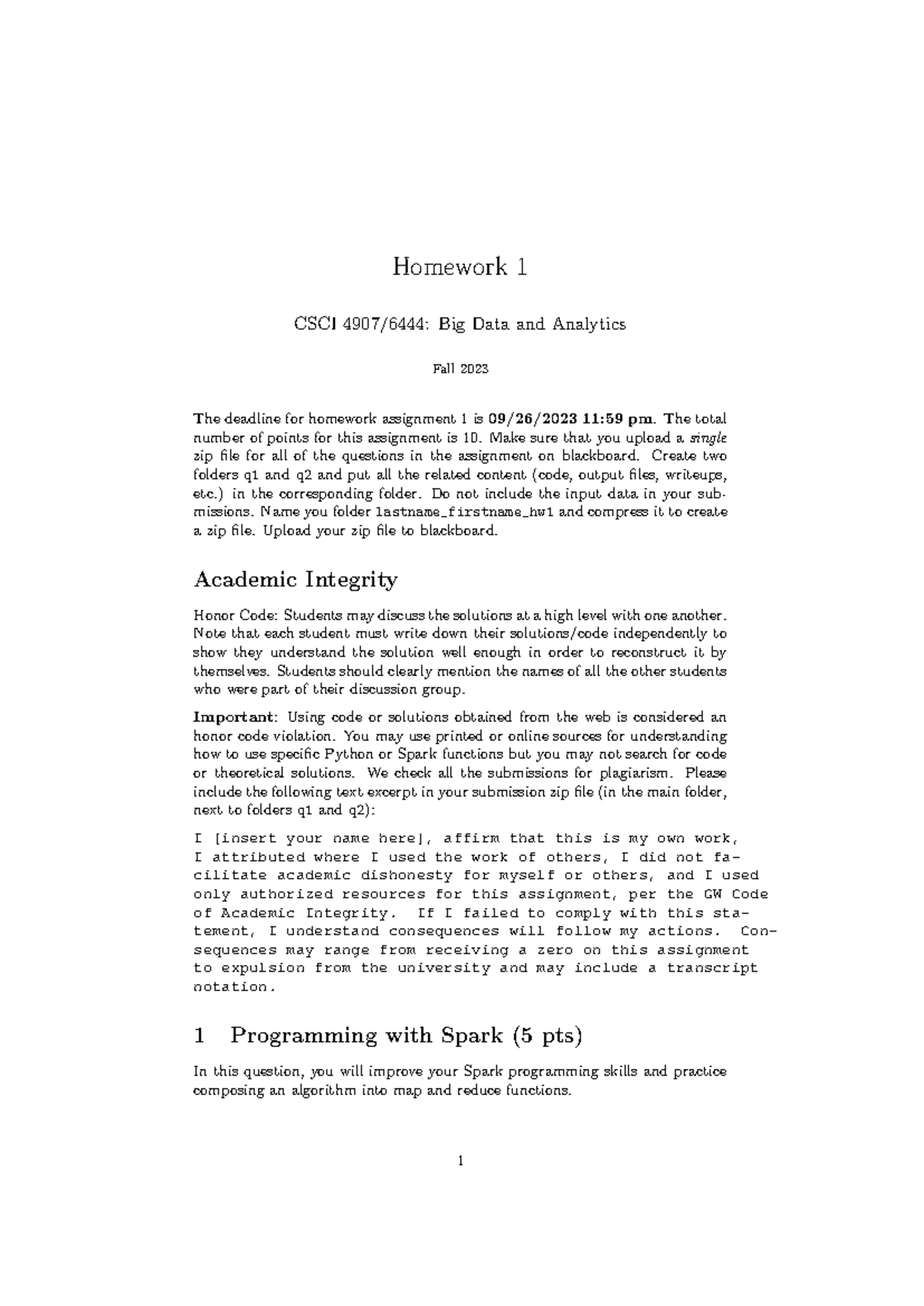 Bigdata hw1 - Assignment 1 - Homework 1 CSCI 4907/6444: Big Data and Analytics Fall 2023 The ...