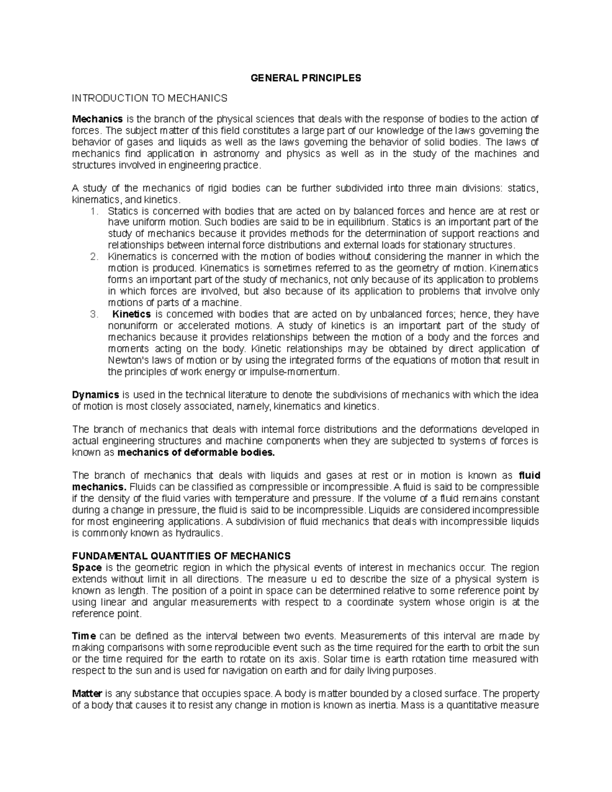 Statics-1 - Lecture notes - GENERAL PRINCIPLES INTRODUCTION TO ...