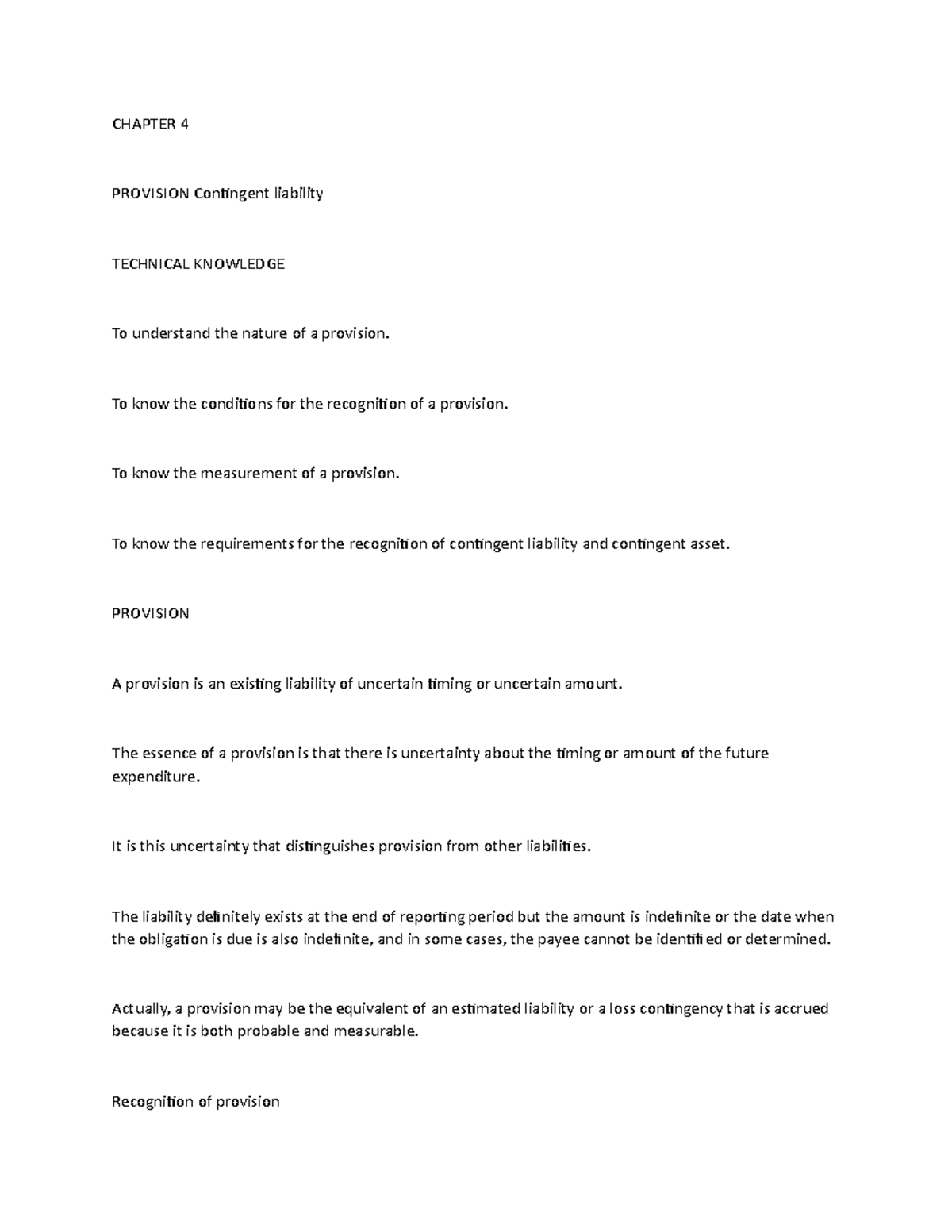 Acctg 21 chapter 4 - Accounting - CHAPTER 4 PROVISION Contingent ...