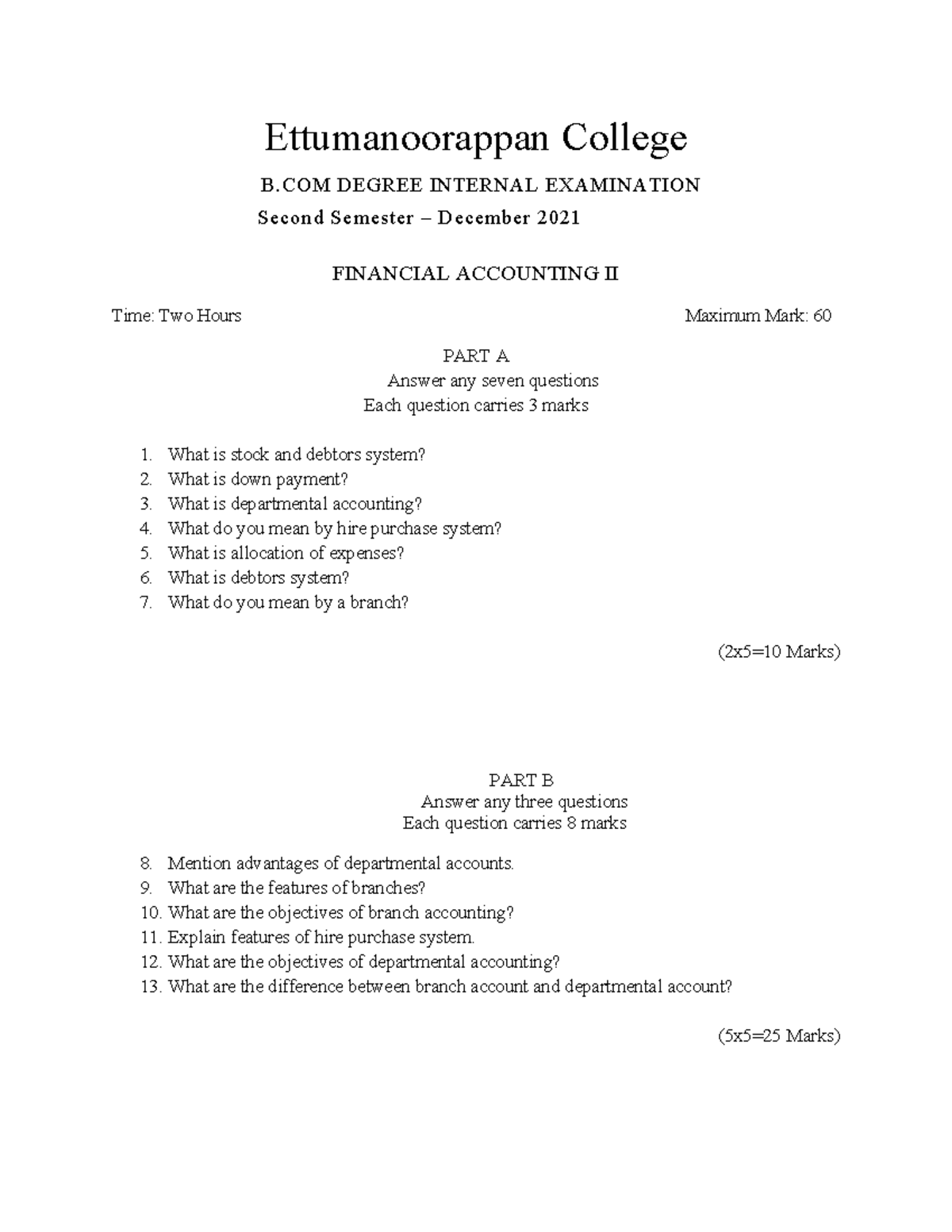 Financial accounting 2 model question paper - Ettumanoorappan College B ...