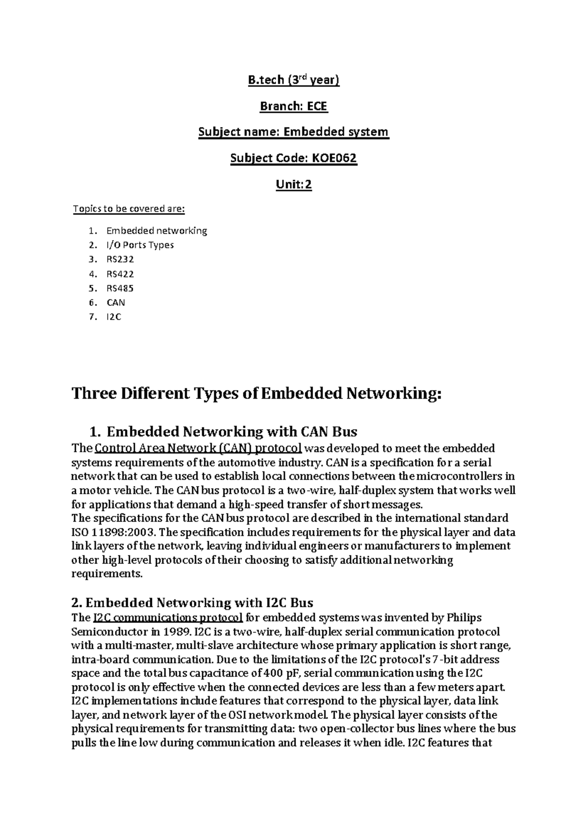 UNIT 2 CAN - Embedded system notes - B (3rd year) Branch: ECE Subject ...