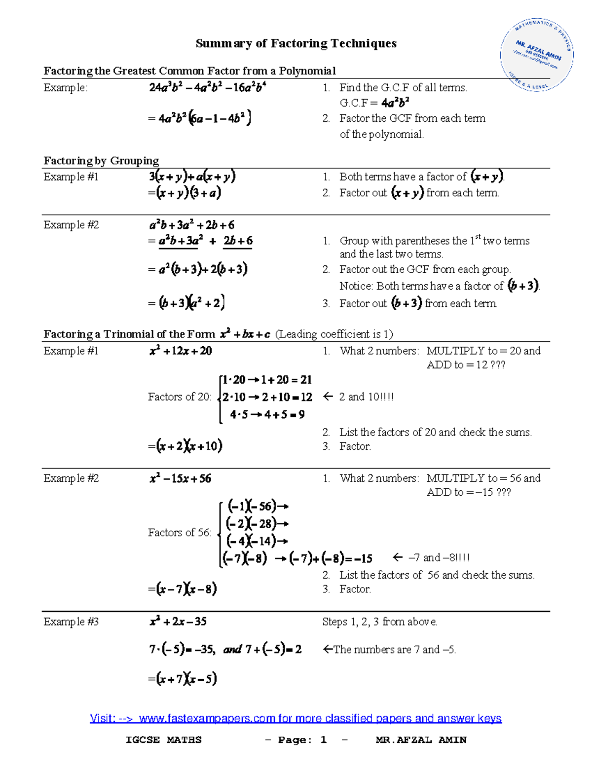 Factorization Techniques Summary Summary Of Factoring Techniques