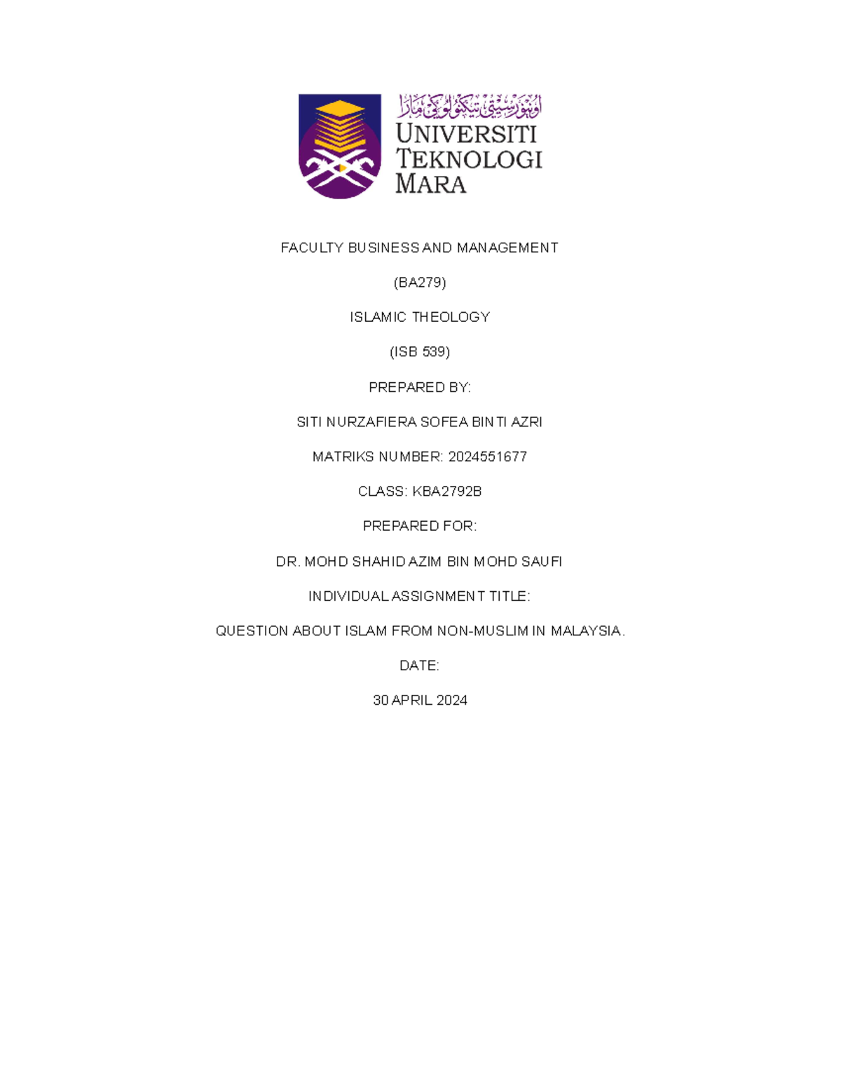 Individual Assignment ISB539 - FACULTY BUSINESS AND MANAGEMENT (BA279 ...