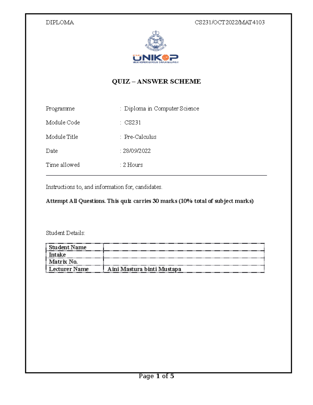 Quiz answer - Just trying - QUIZ – ANSWER SCHEME Programme : Diploma in ...