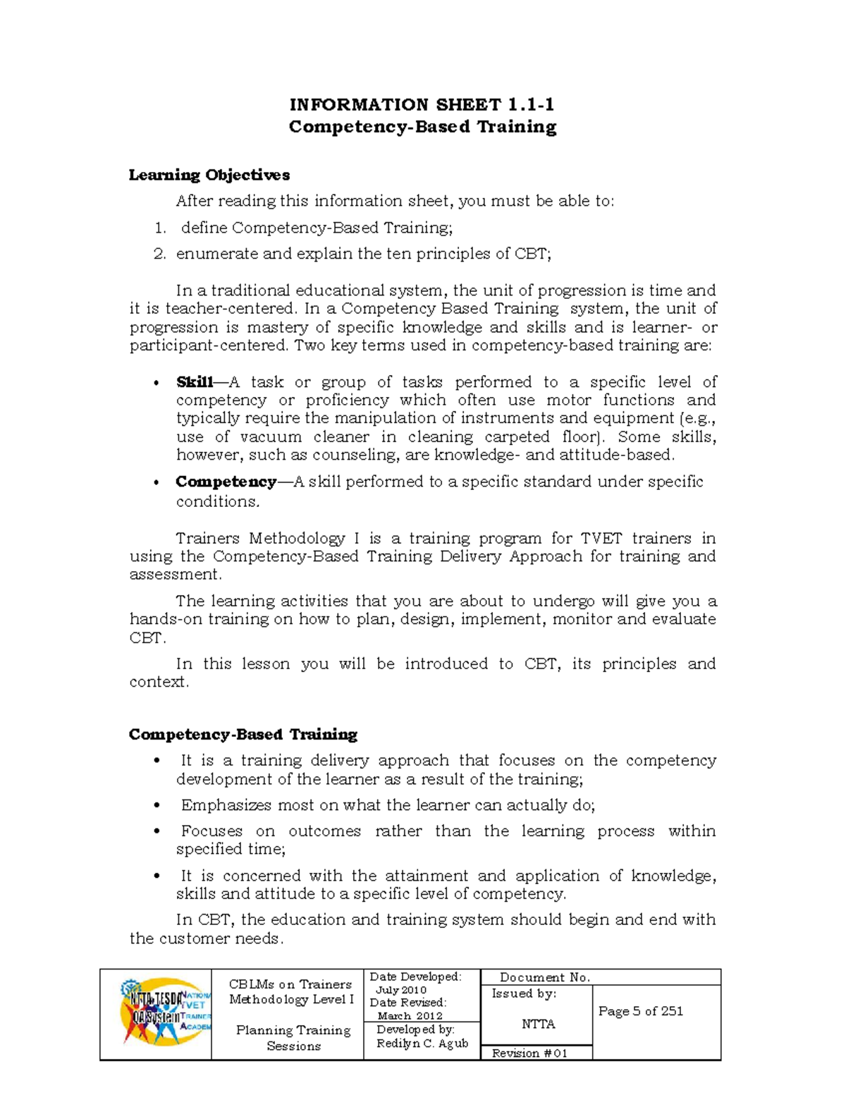 PTS CBT - for reference - CBLMs on Trainers Methodology Level I ...