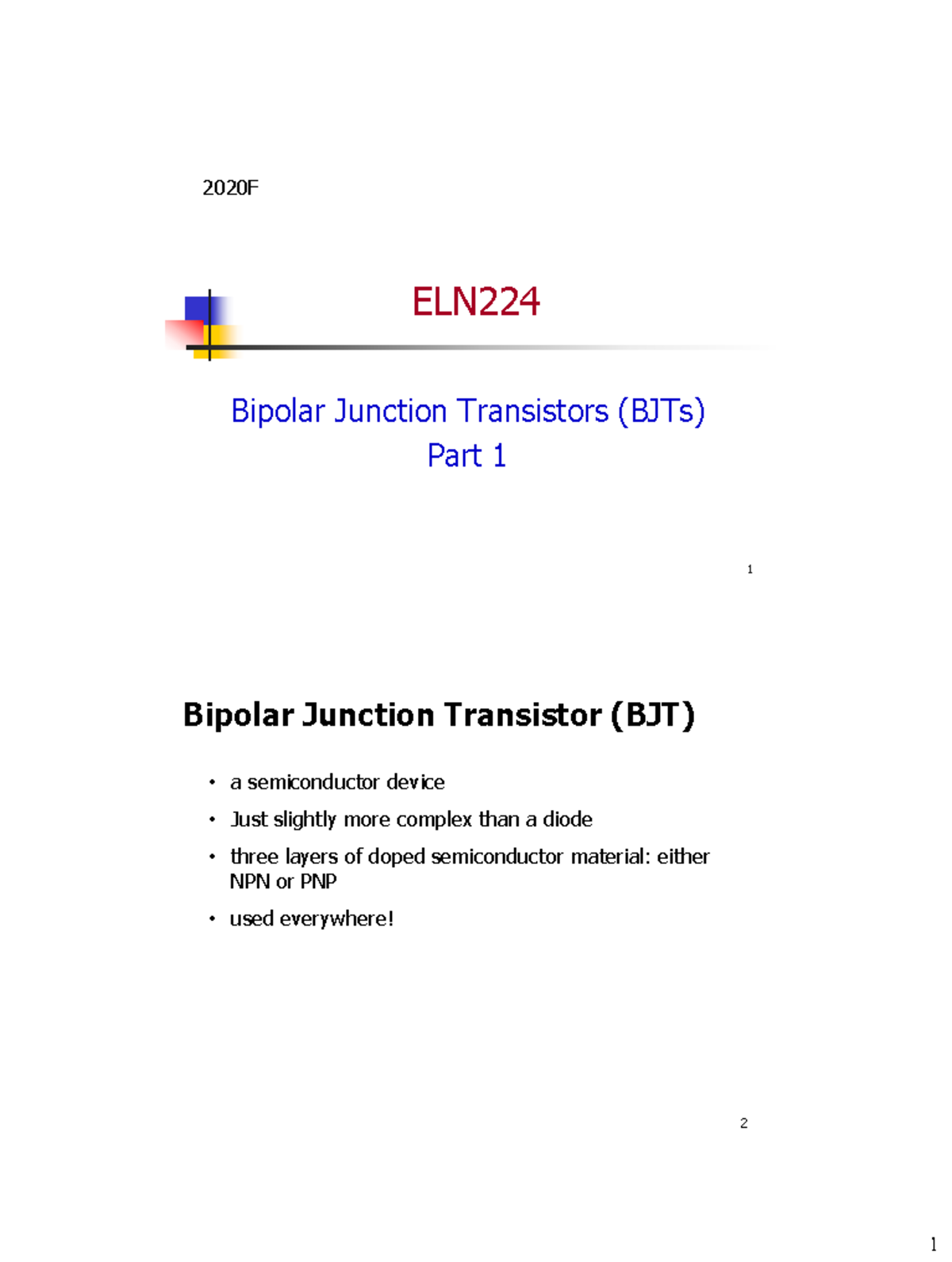 03a Bipolar Junction Transistors Part 1 - 1 ELN Bipolar Junction ...