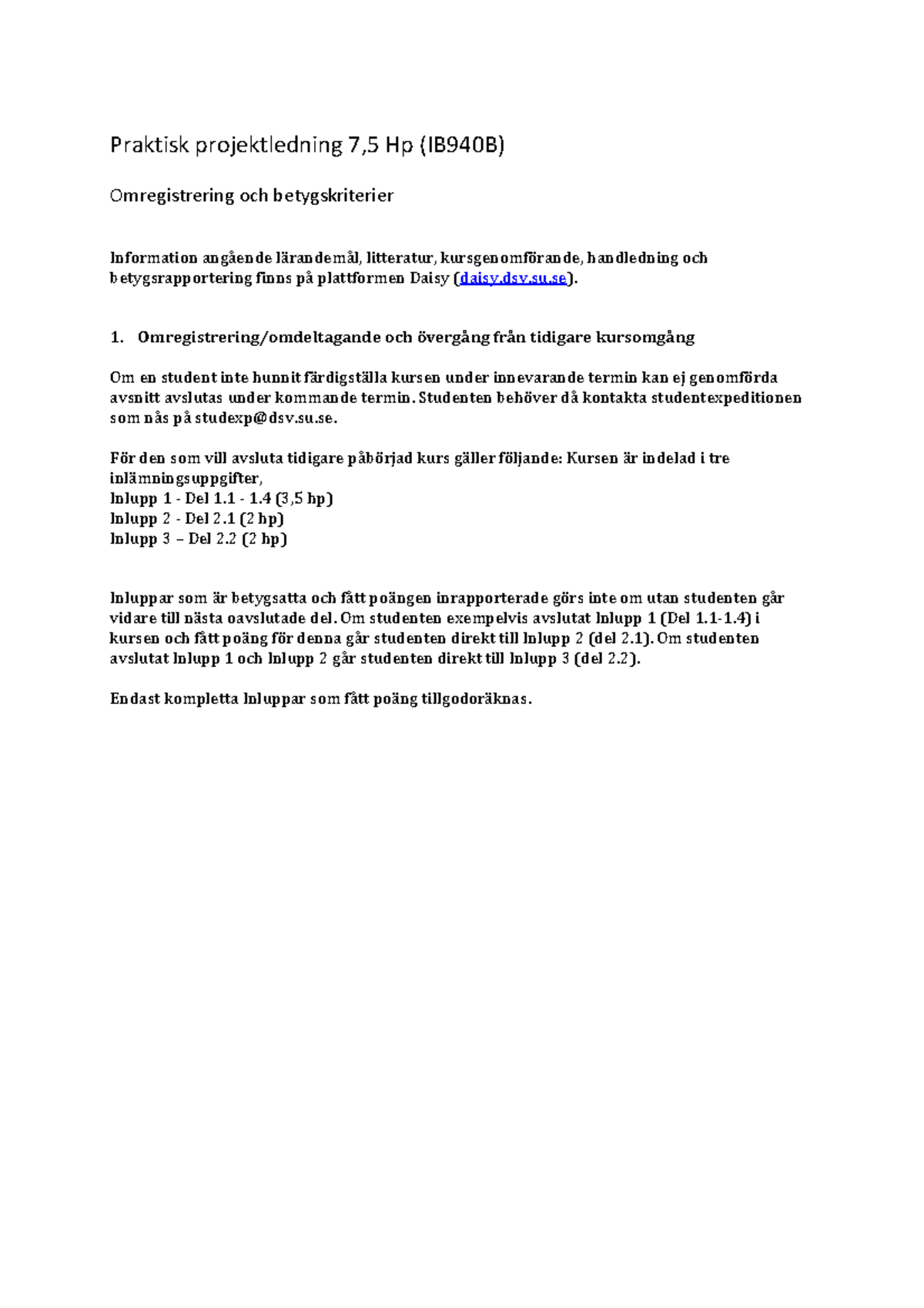 Omregistrering och betygskriterier - Praktisk projektledning 7,5 Hp ...