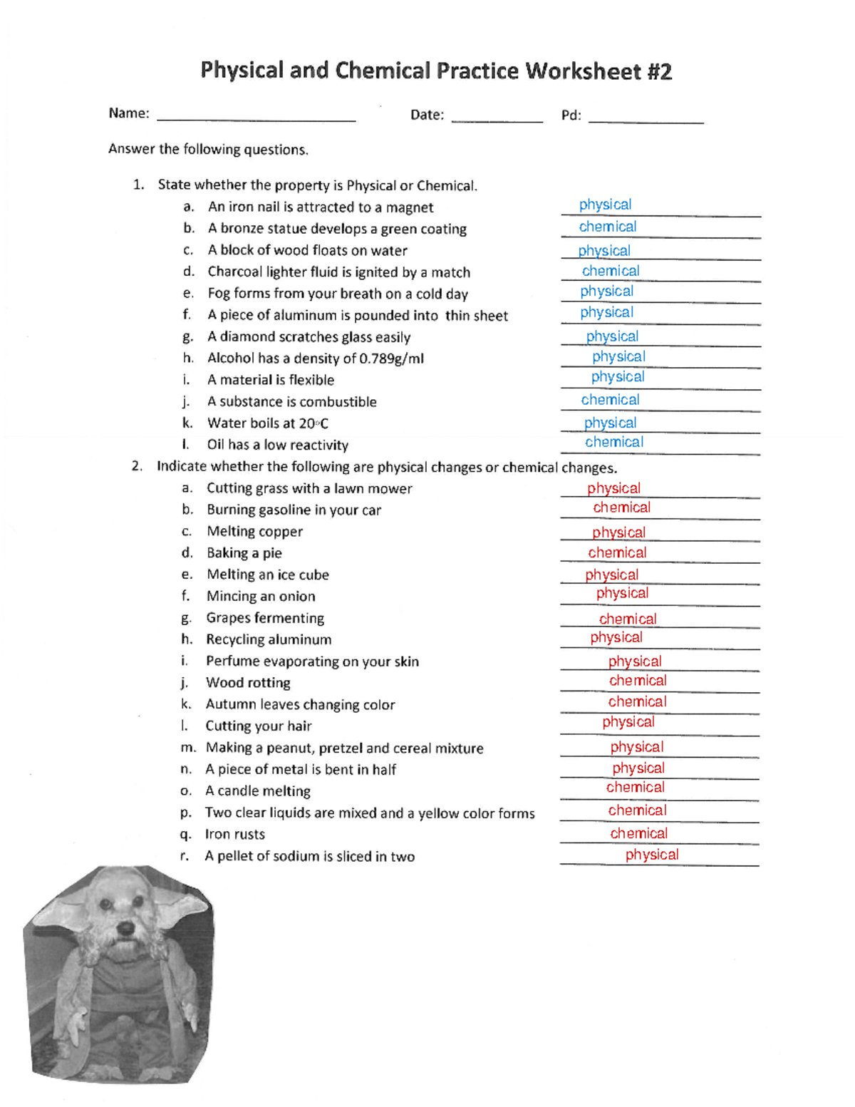 Physical and Chemical Worksheet 2 - Studocu