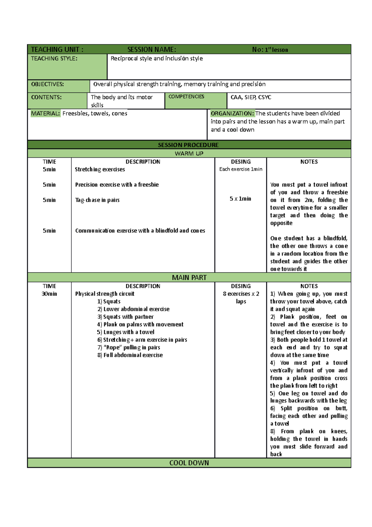 Teaching Unit (work plan for a single lesson) - TEACHING UNIT : SESSION ...