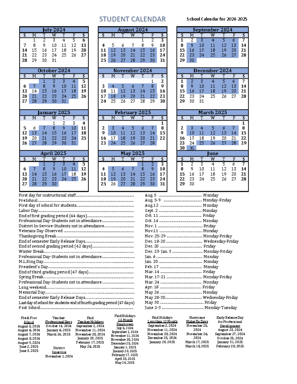 2024-25 Student Calendar-ACC - STUDENT CALENDAR School Calendar for ...