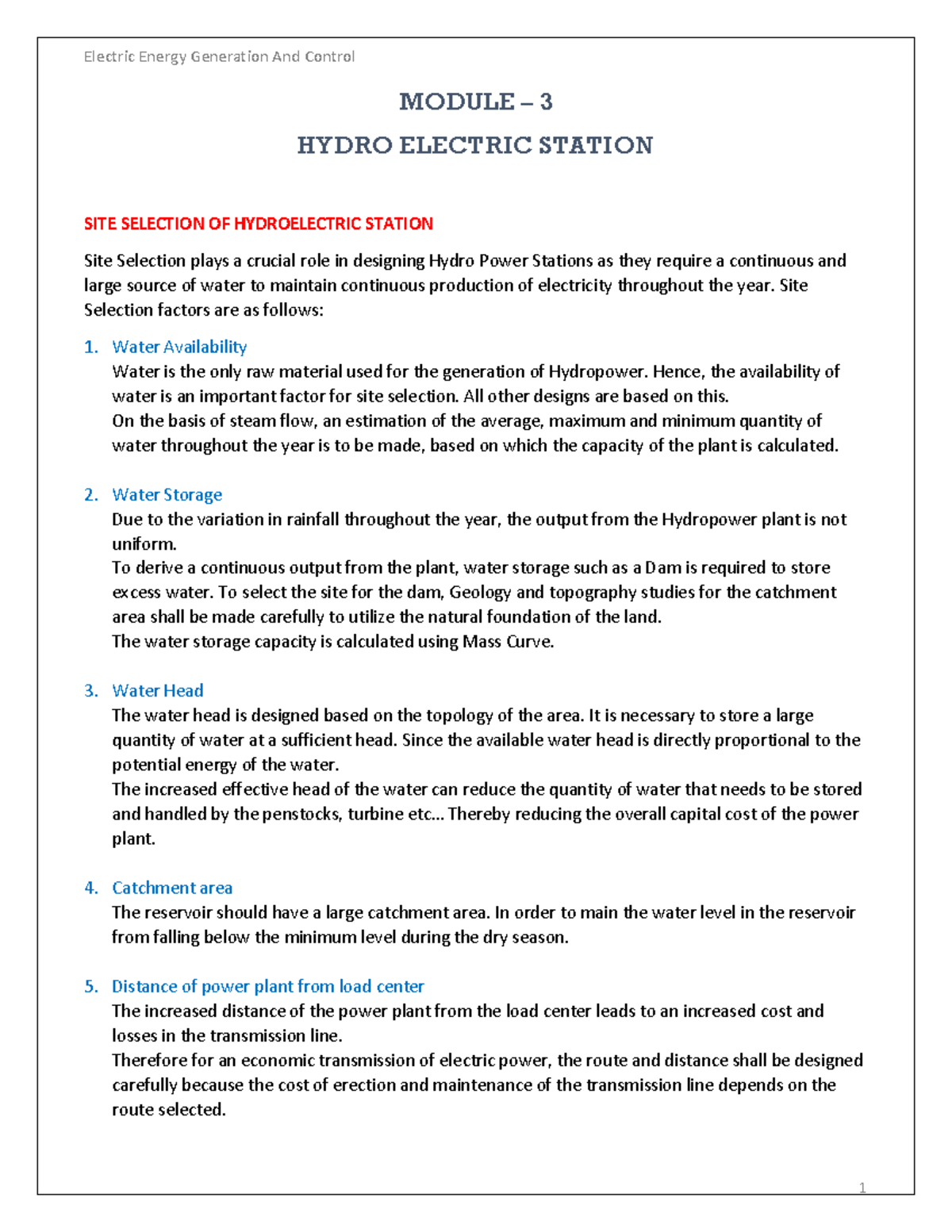 Module-3 Hydro Electric Station Site Selection - Electric Energy Generation And Control 1 MODULE ...