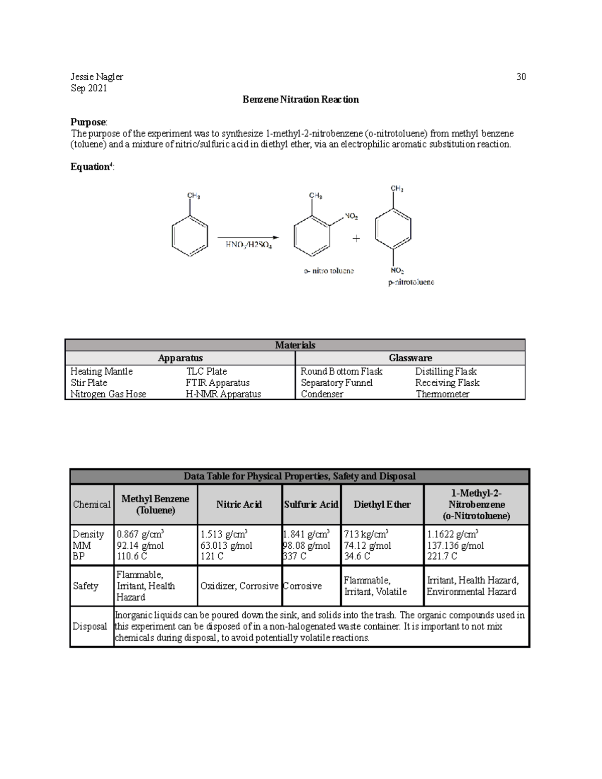 Benzene Nitration Lab - Jessie Nagler 30 Sep 2021 Benzene Nitration ...