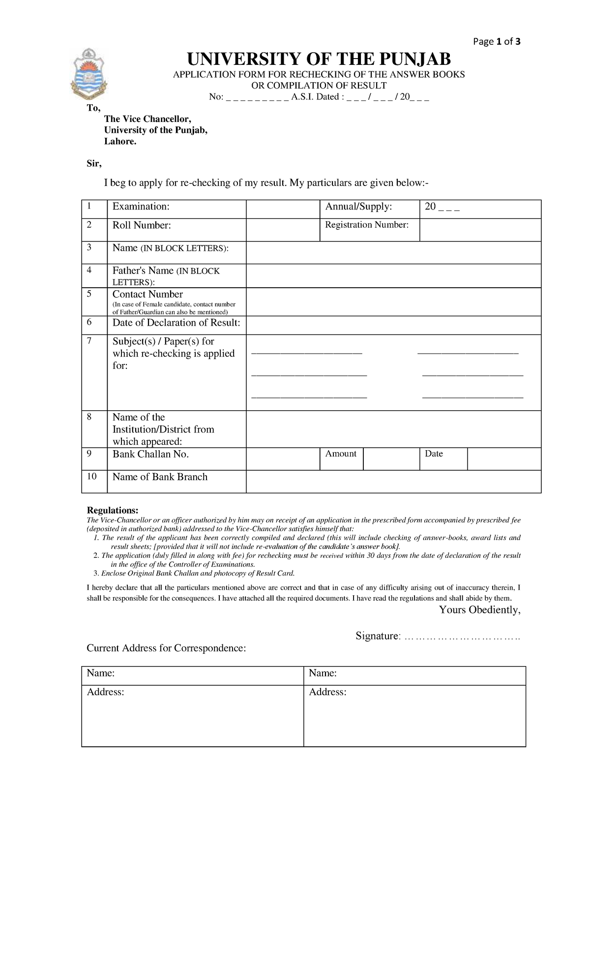 Rechecking-form - South Asian - Page 1 of 3 UNIVERSITY OF THE PUNJAB ...
