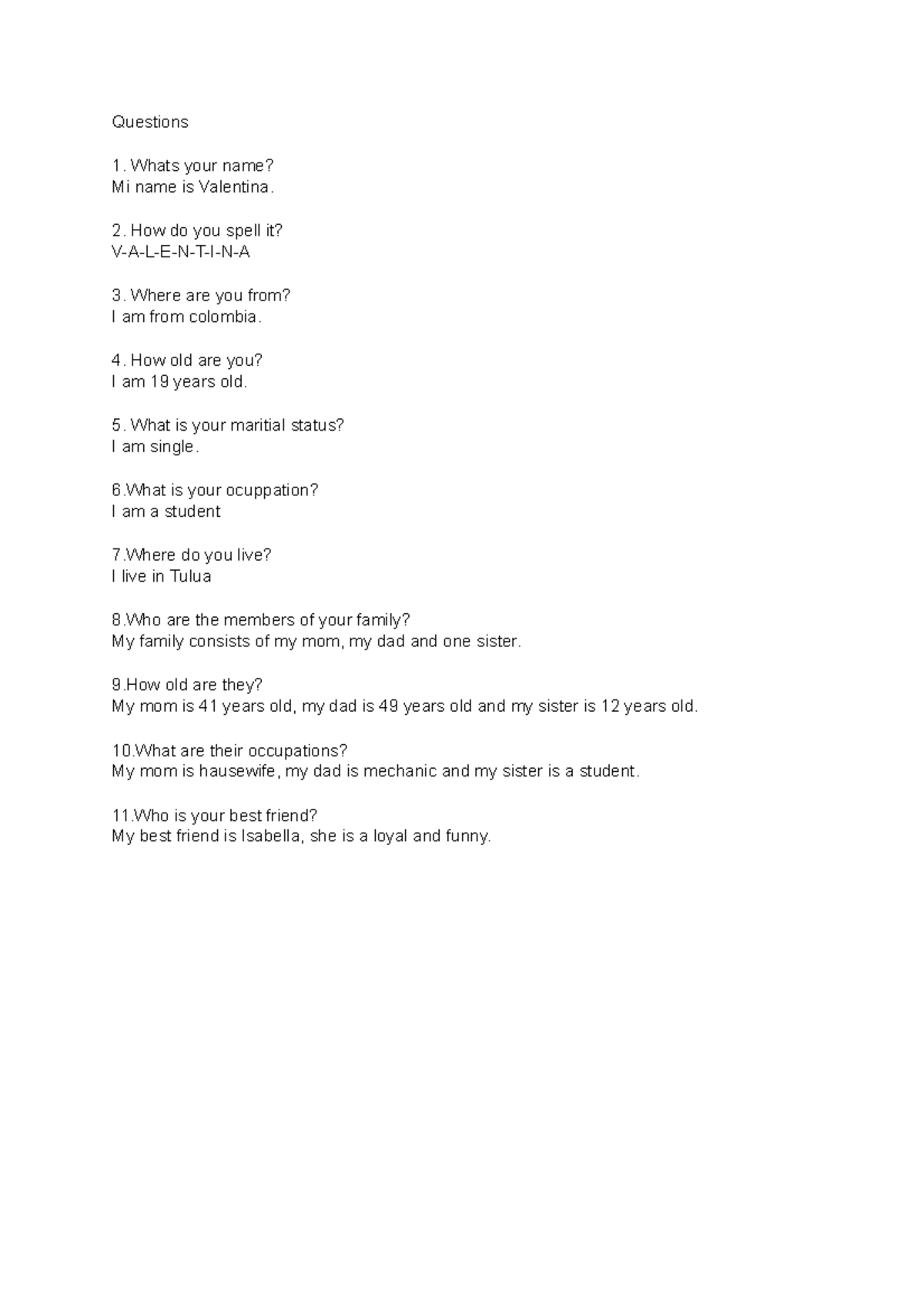 Questions - Preguntas de la actividad numero uno - Questions Whats your ...