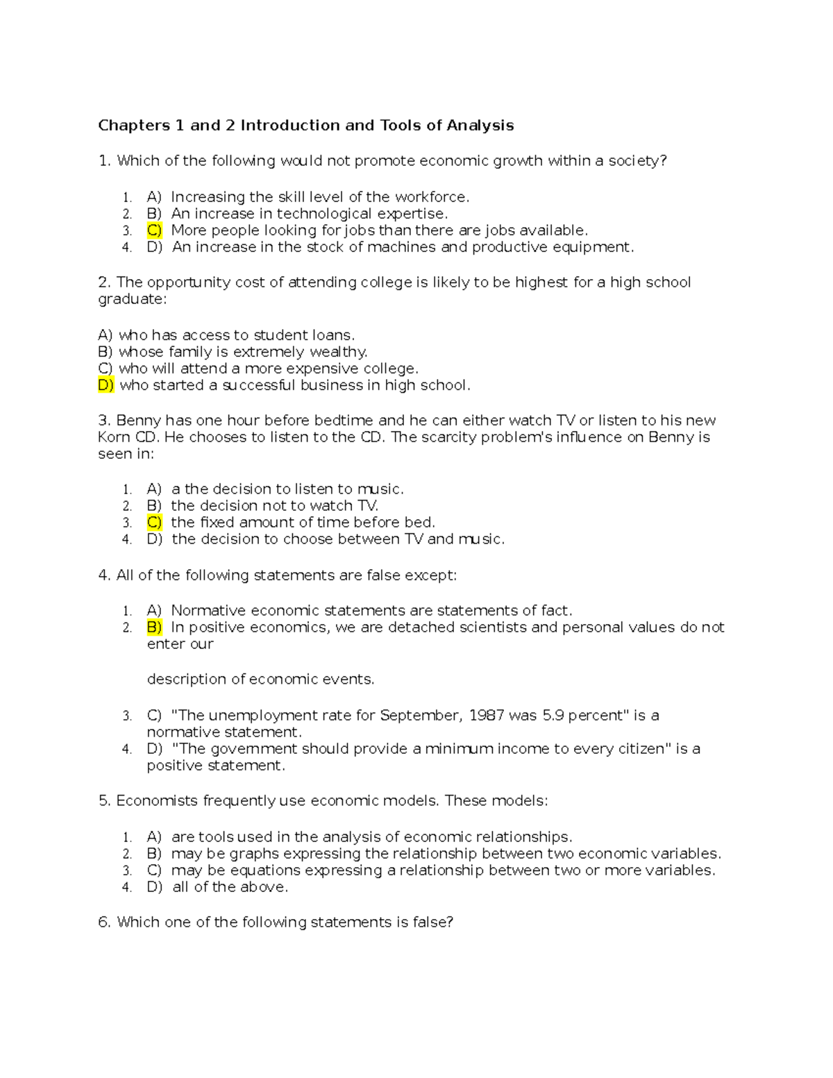 Econ 201 Tutorial multiple choice questions - Chapters 1 and 2 Introduction and Tools of ...