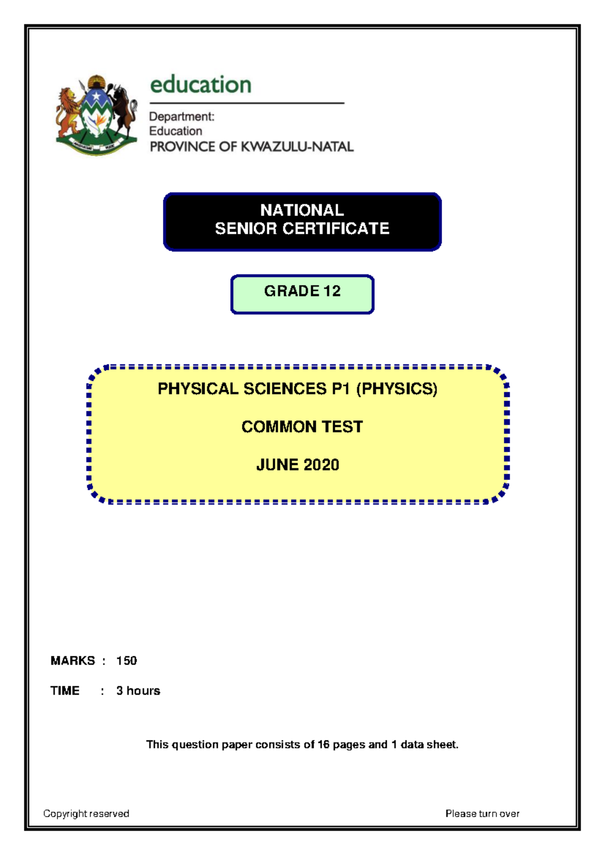 Physical Sciences Paper 1 - 1 MARKS : 150 TIME : 3 hours This question ...