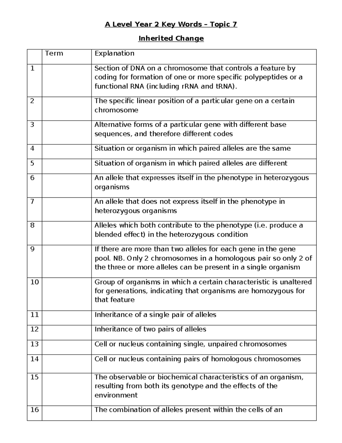 A Level Year 2 Topic 7 Key Words for pupils to fill in - Inherited ...