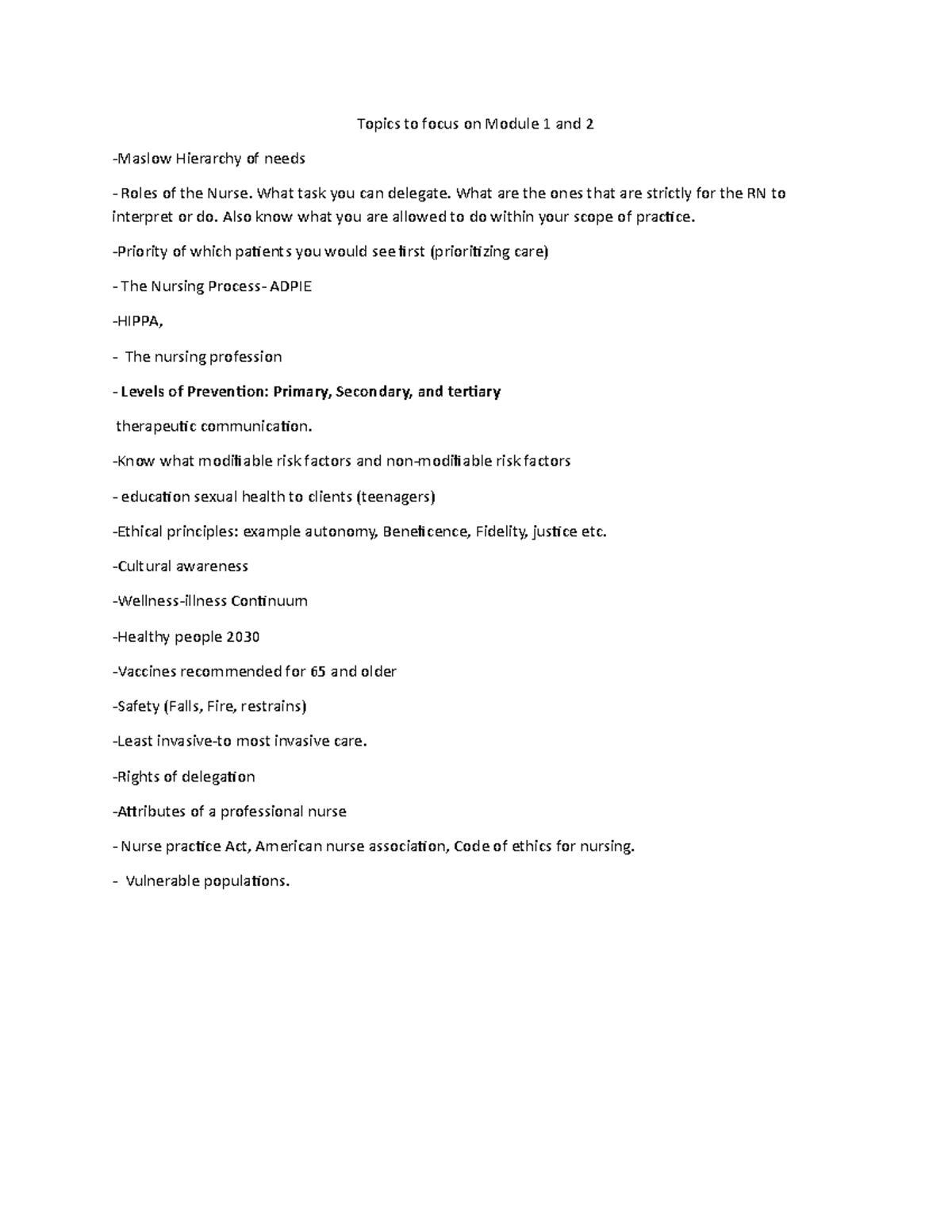 Module 1 and 2- topics-2 - Topics to focus on Module 1 and 2 -Maslow ...