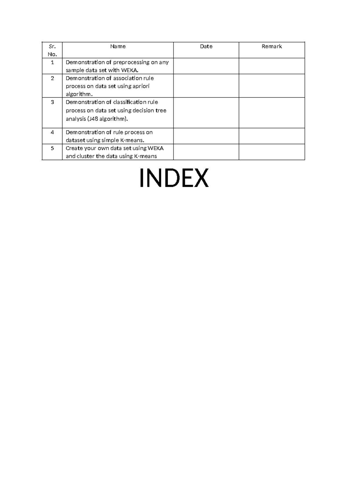 Index WEKA - Sr. No. Name Date Remark 1 Demonstration of preprocessing on any sample data set ...