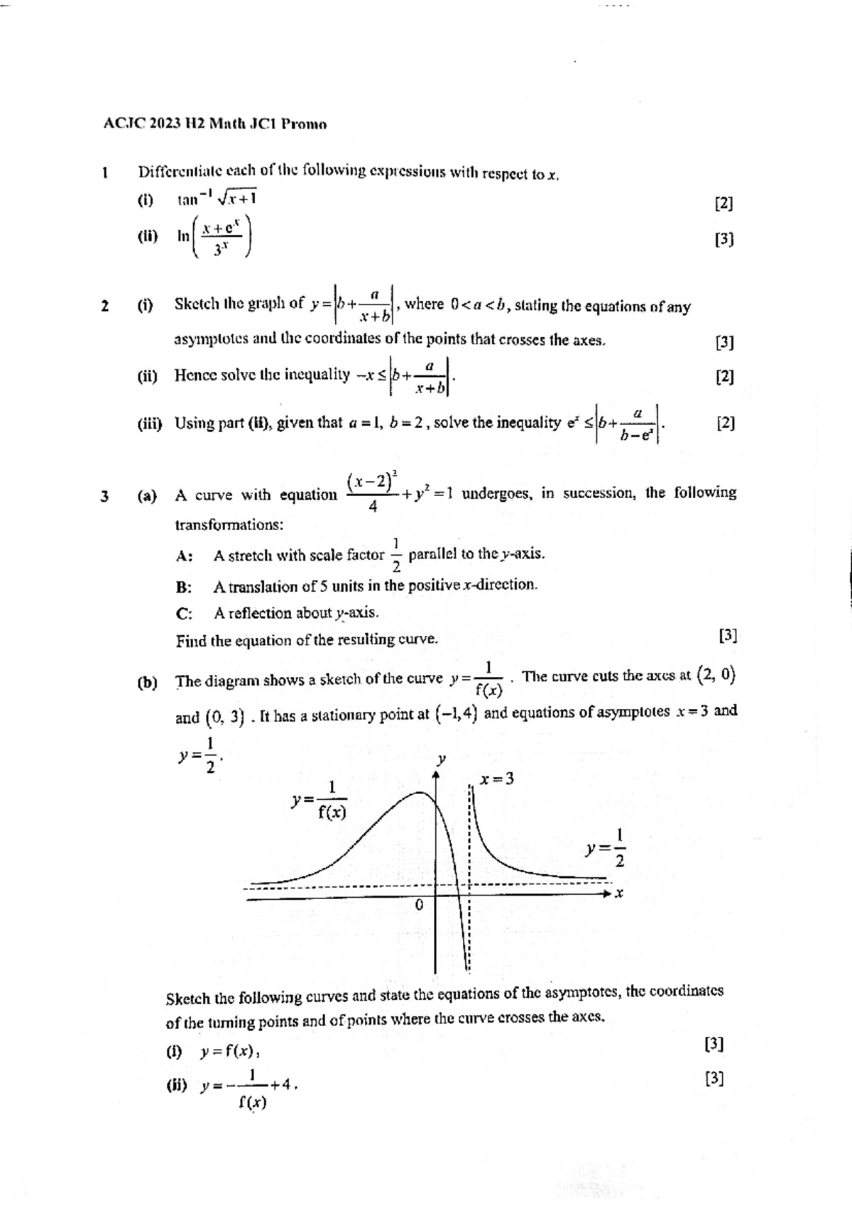 ACJC H2 Maths 2023 Promo QP + Answers - ACJC 2023 H2 Math JC1 Promo 1 Differentiate each of the ...