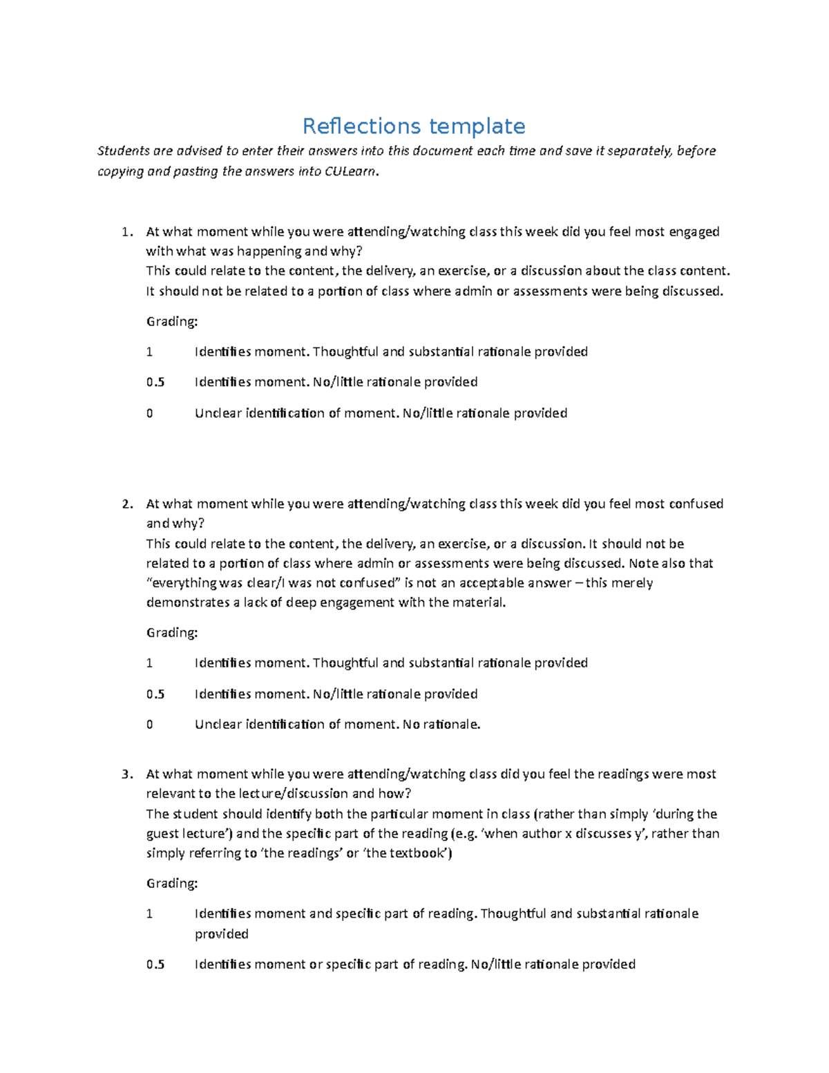 Reflections template - Reflections template Students are advised to ...