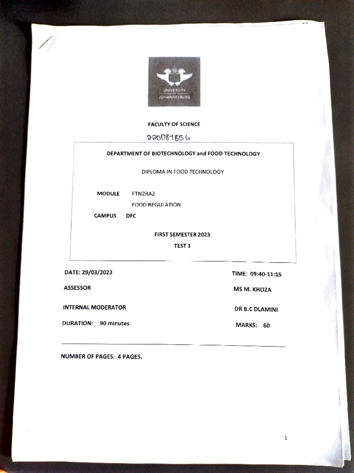 Food Semester Test 1 - FACULTY OFSCIENCE ';)9()01> 1 ~5 6 DEPARTMENT OF ...