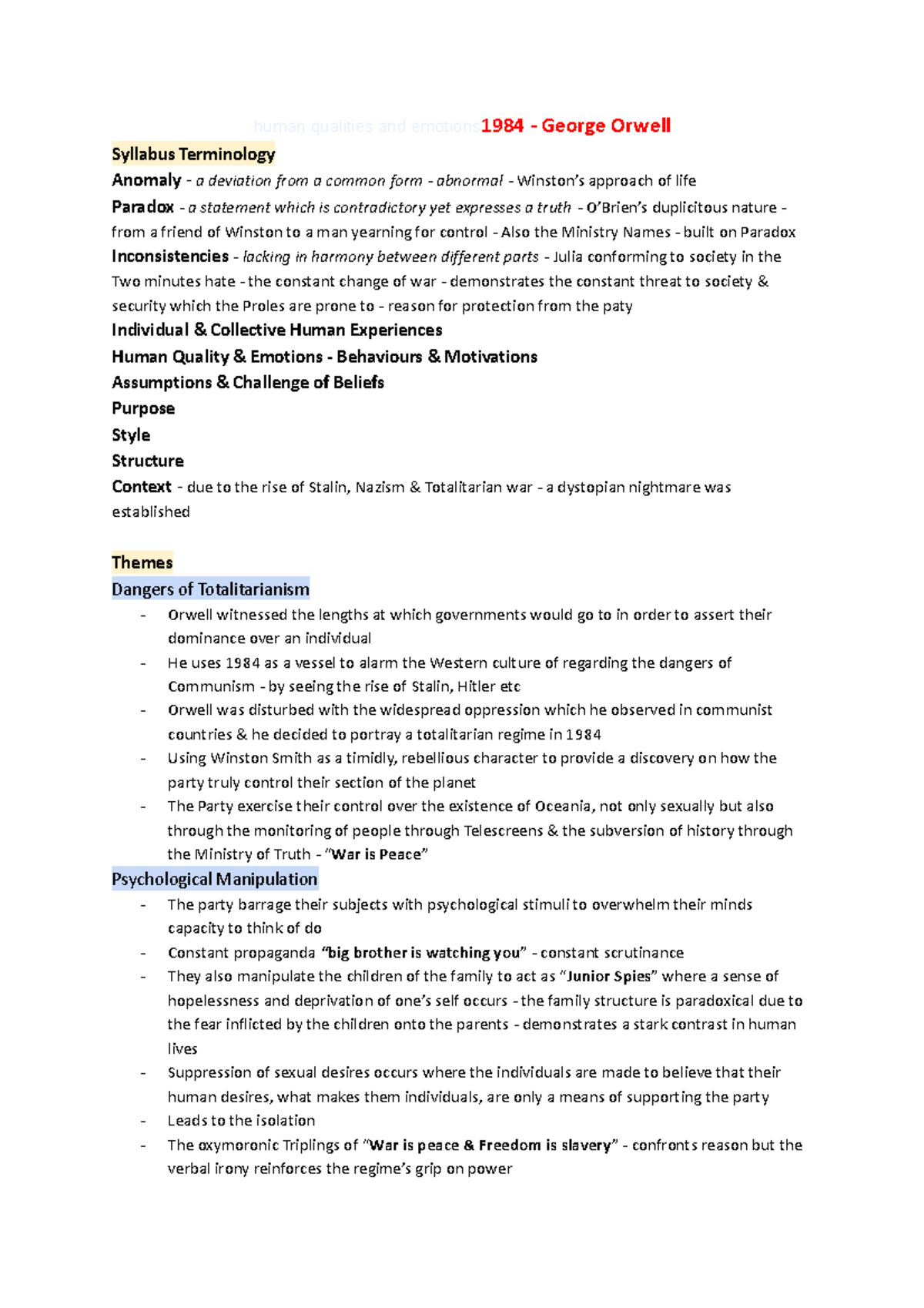 Detailed Note on 1984 - Common Module Texts and Human Experiences ...