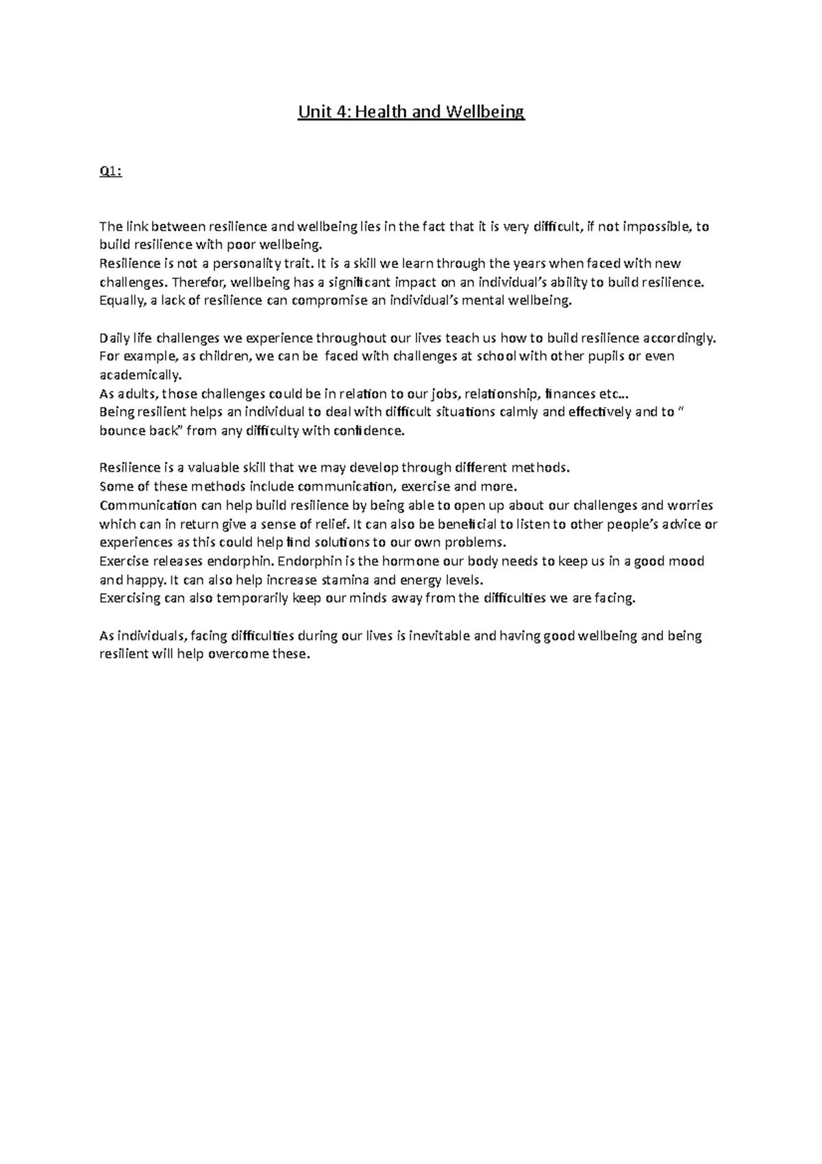 Unit 4 Assignment - Q1 - Unit 4 Health and Wellbeing Q1 - Unit 4 ...