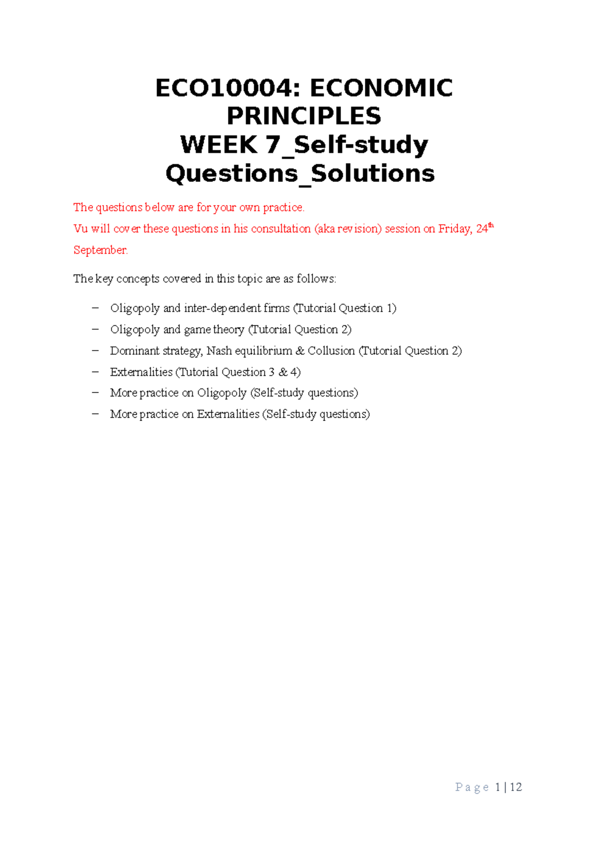Week 7 Self-Study Questions Solutions - ECO10004: ECONOMIC PRINCIPLES ...