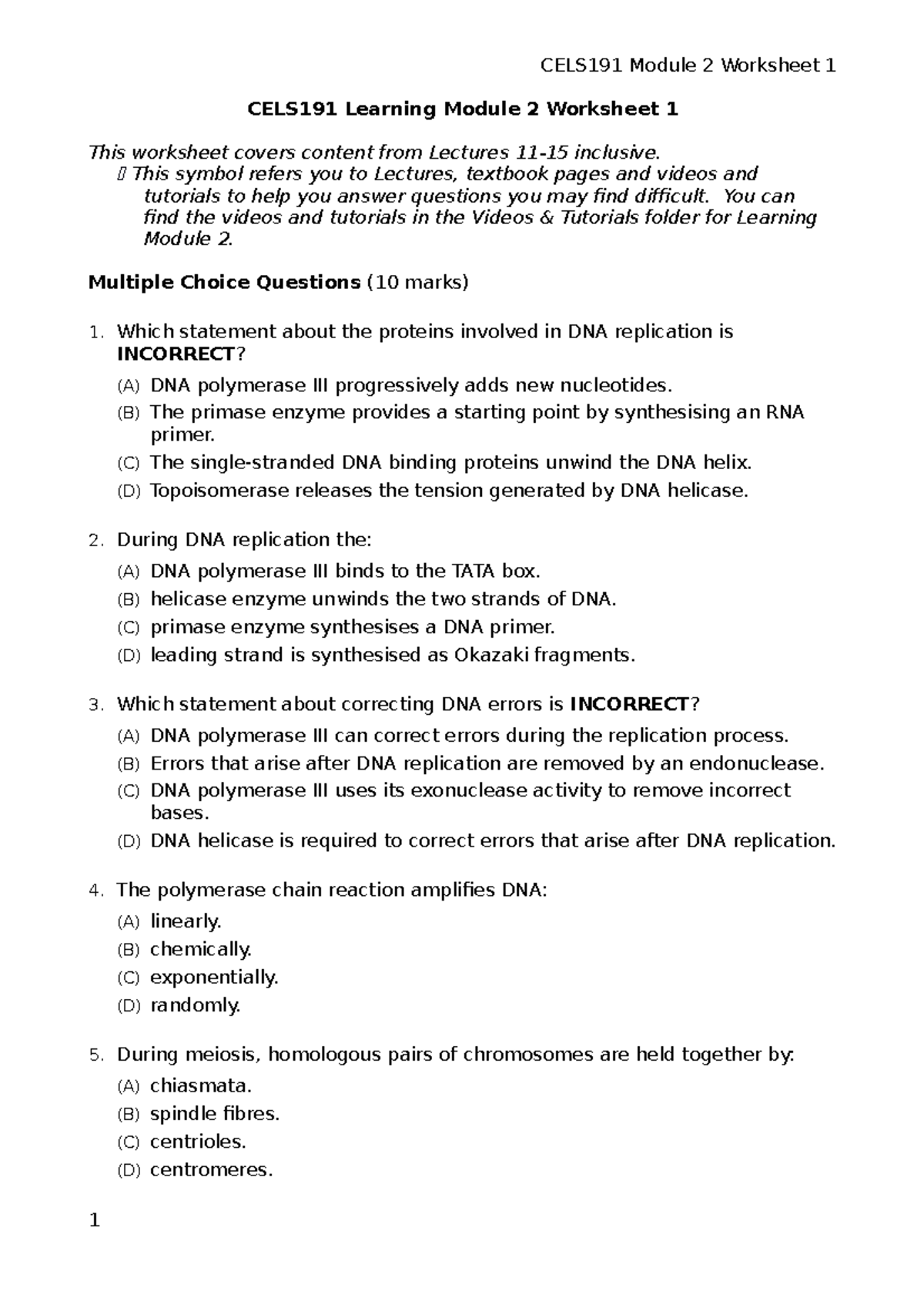 CELS191 Module 2Worksheet 1Questions 2023 - CELS191 Learning Module 2 ...